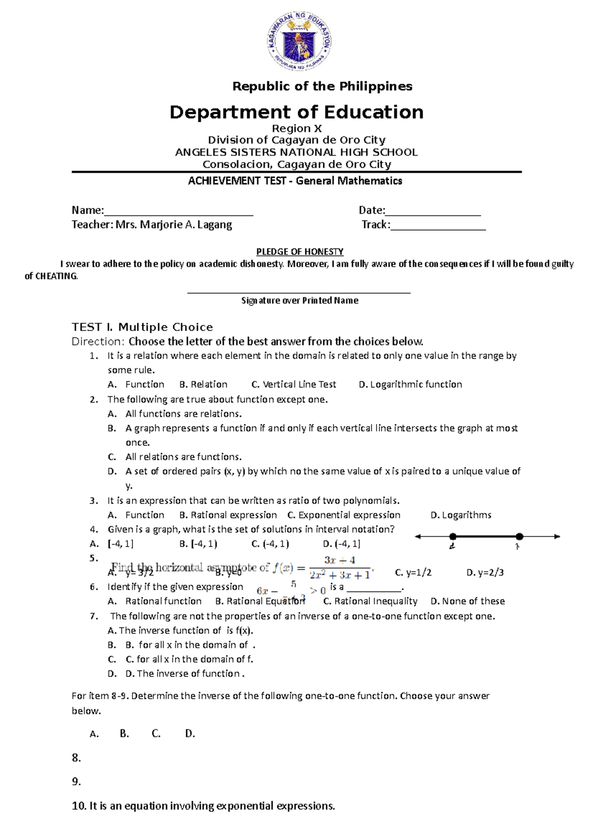 Achievement test-General MAthematics - Republic of the Philippines ...