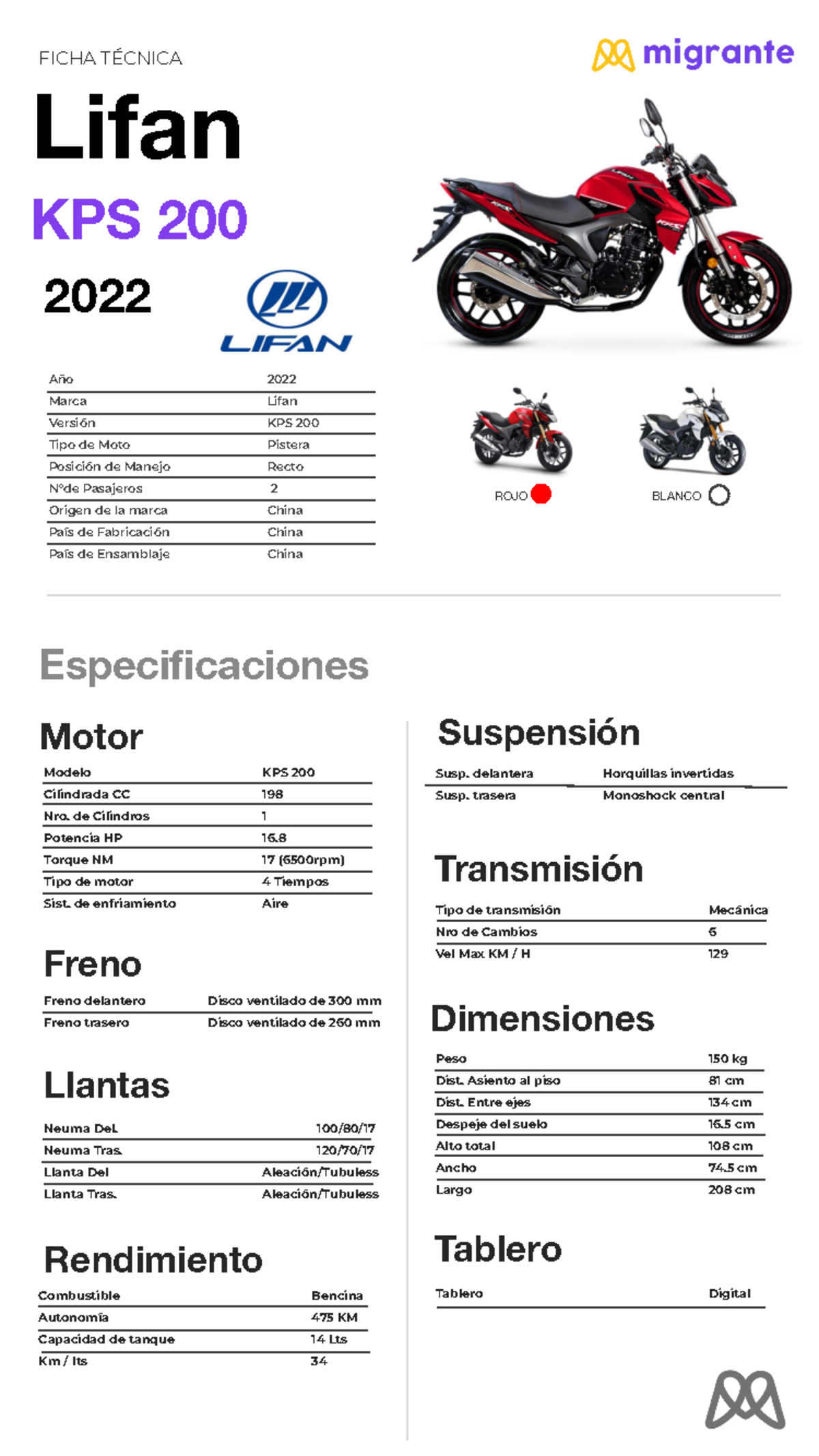 Ficha T cnica KPS 200 Migrante - Lifan KPS 200 2022 Año 2022 Marca Lifan Versión KPS 200 Tipo de ...