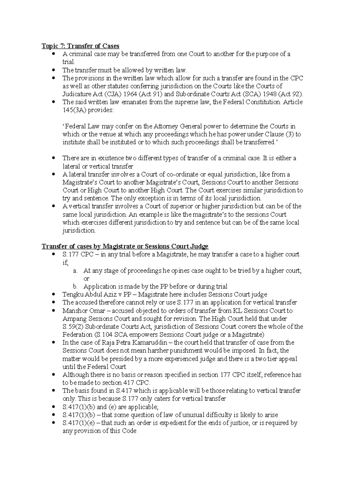 Topic 7 - Transfer of Cases - Criminal Procedure - MMU - Studocu
