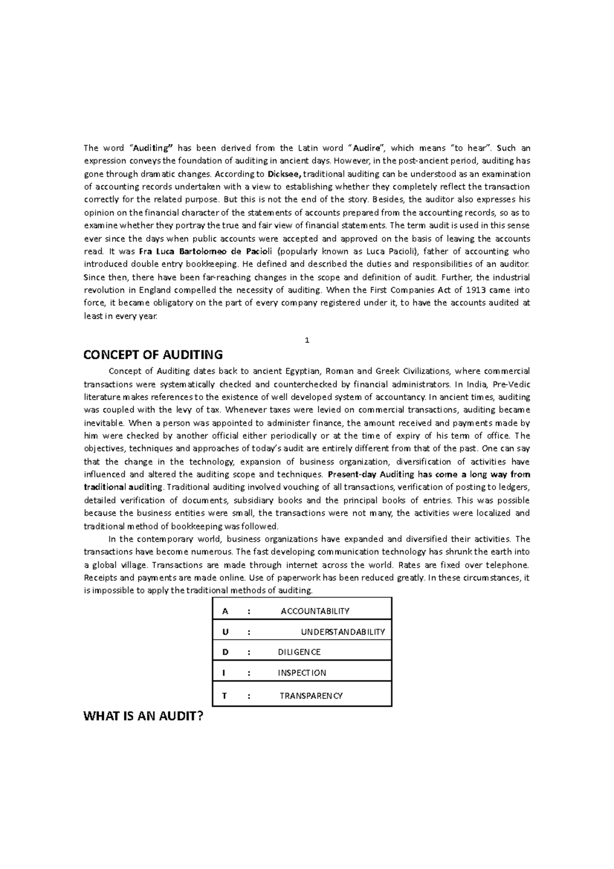 Auditing - concept - The word “Auditing” has been derived from the ...