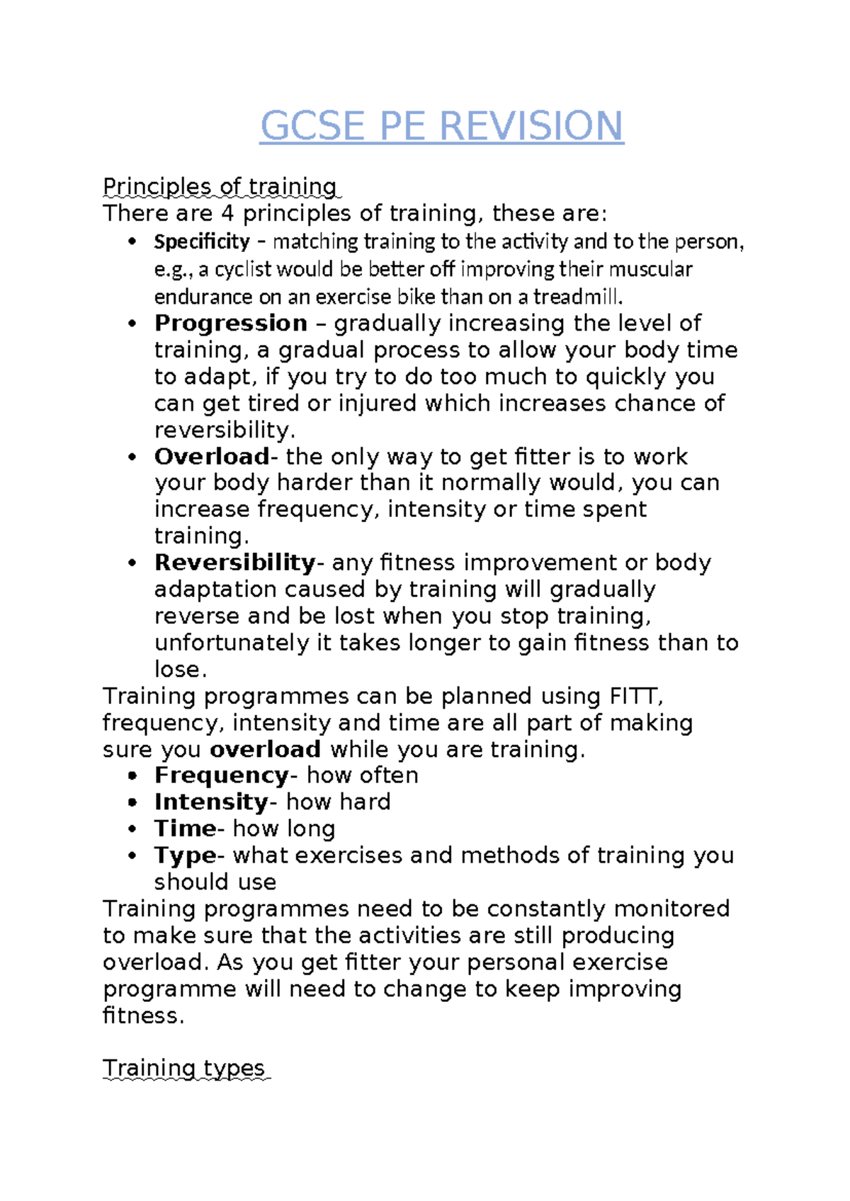 GCSE PE Revision - notes - GCSE PE REVISION Principles of training ...