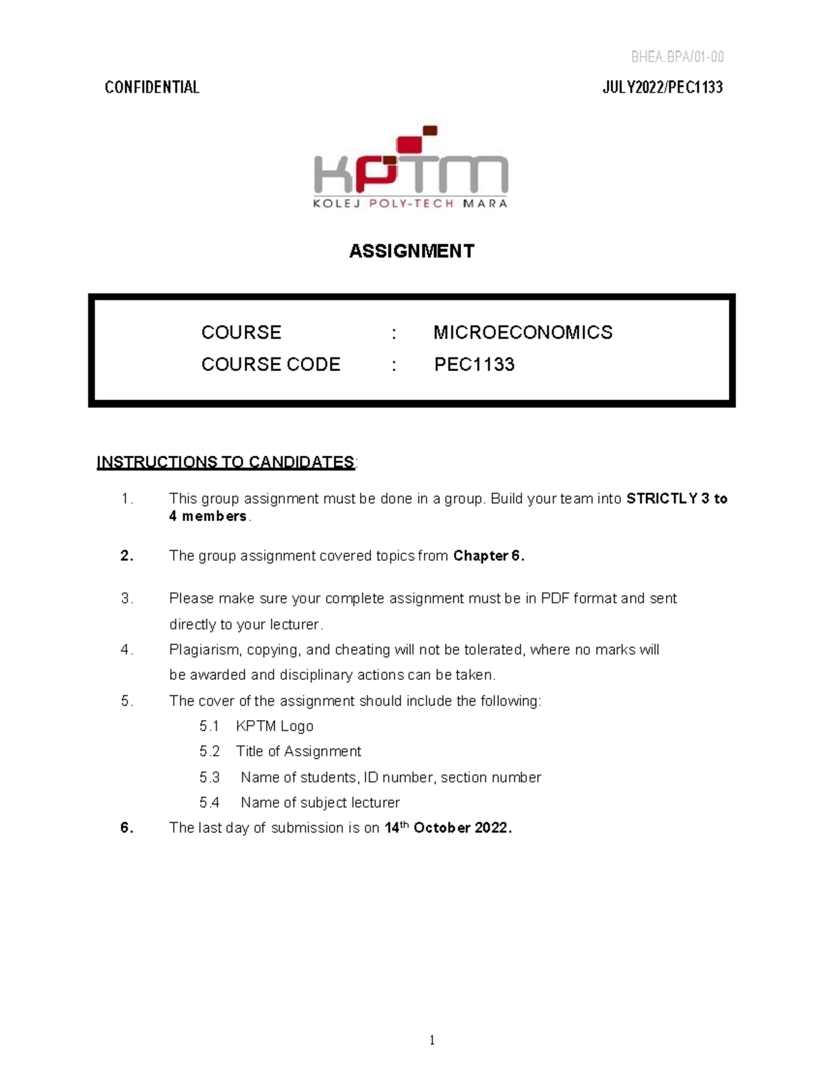Assignment PEC1133 - BHEA/01- CONFIDENTIAL JULY2022/PEC 1 ASSIGNMENT ...