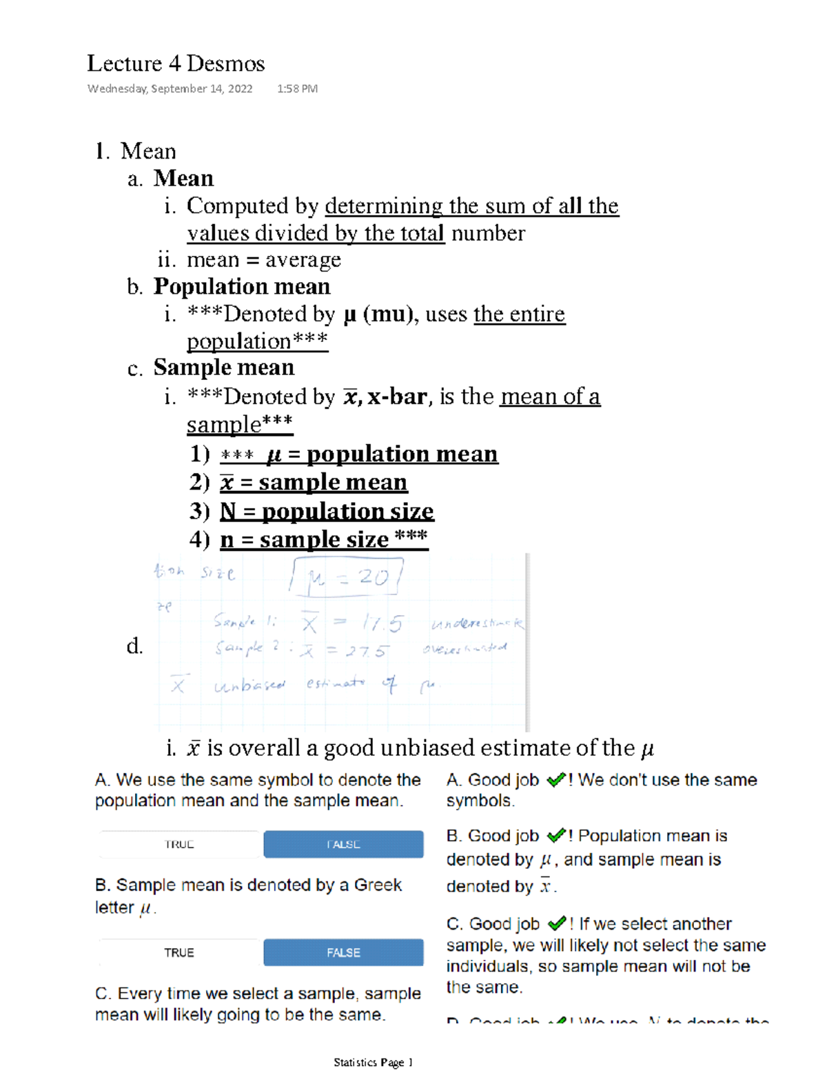Lecture 4 Desmos - Mean Mean Computed by determining the sum of all the ...