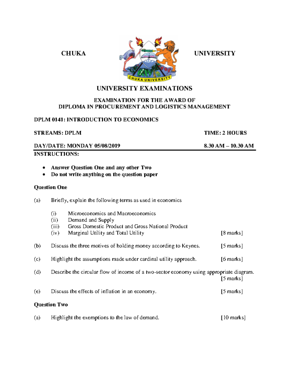 DPLM 0141 - Past paper - CHUKA UNIVERSITY UNIVERSITY EXAMINATIONS ...