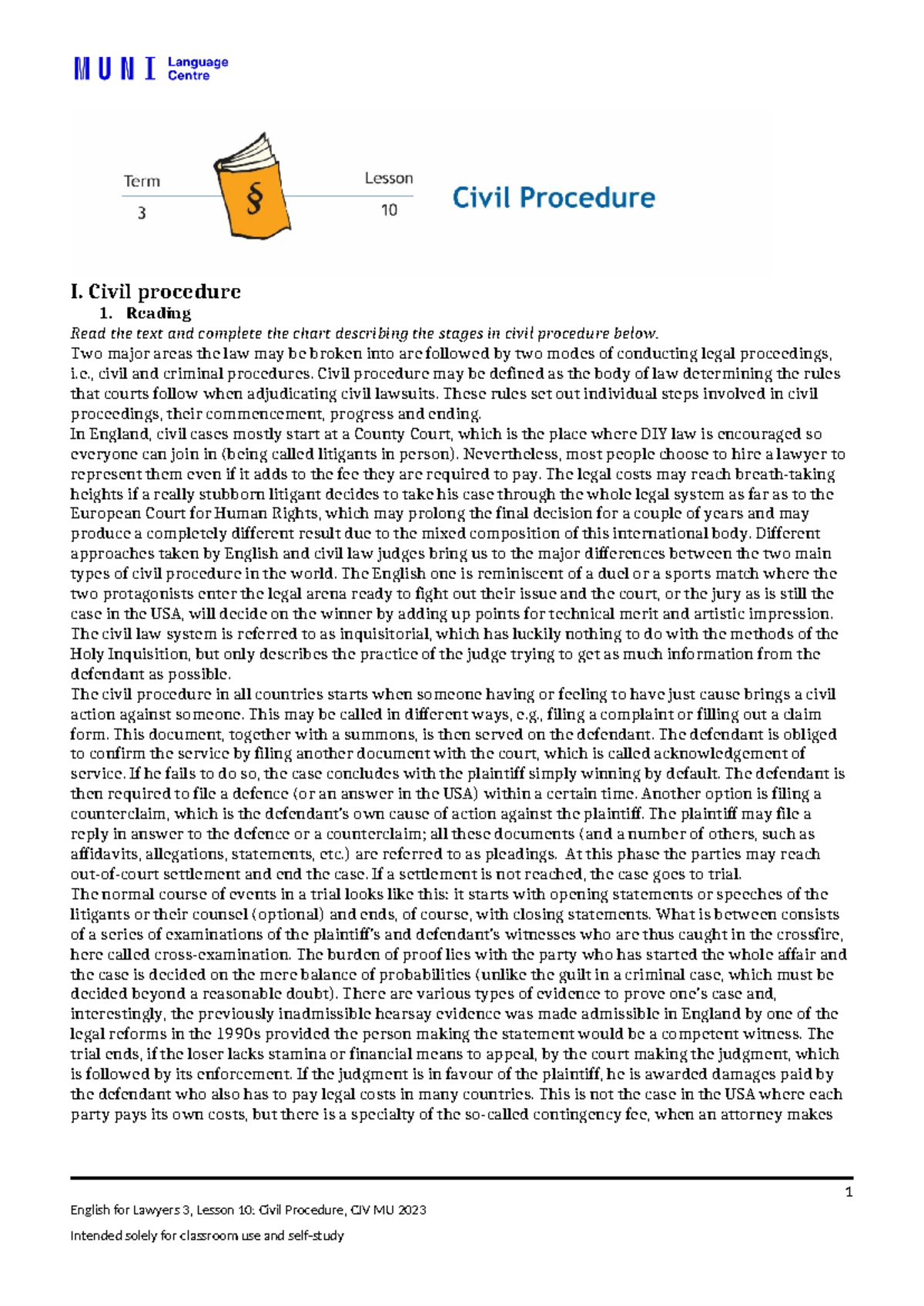 Lesson 10 Civil Procedure - I. Civil procedure 1. Reading Read the text ...