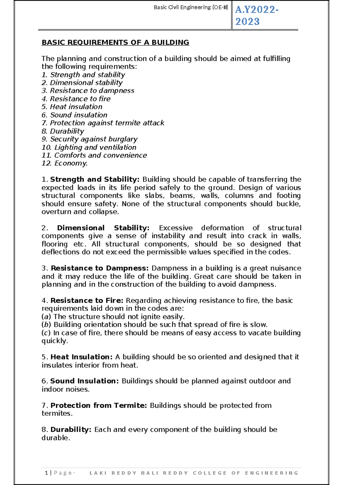 3. Basic Requirements OF A Building - Basic Civil Engineering (OE-II) A ...