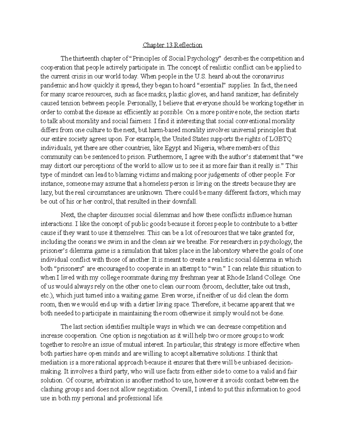 PSYC Social - Ch. 13 Reflection - Chapter 13 Reflection The thirteenth ...