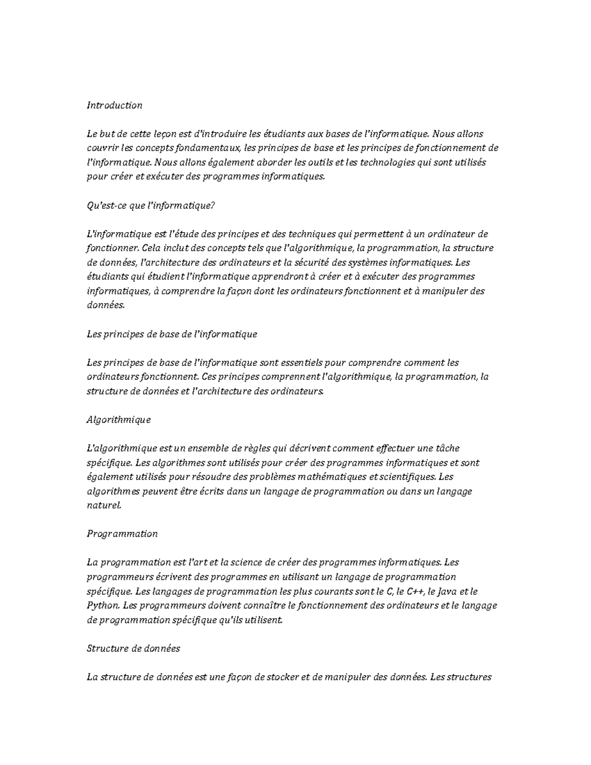 Computer Science Study Notes - Introduction Le but de cette leçon est d ...