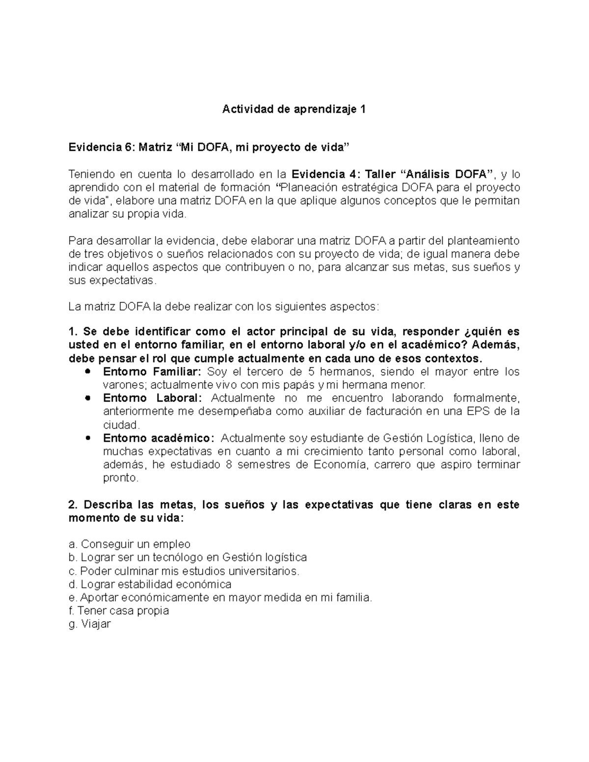 Matriz “Mi DOFA, mi proyecto de vida” - Para desarrollar la evidencia ...