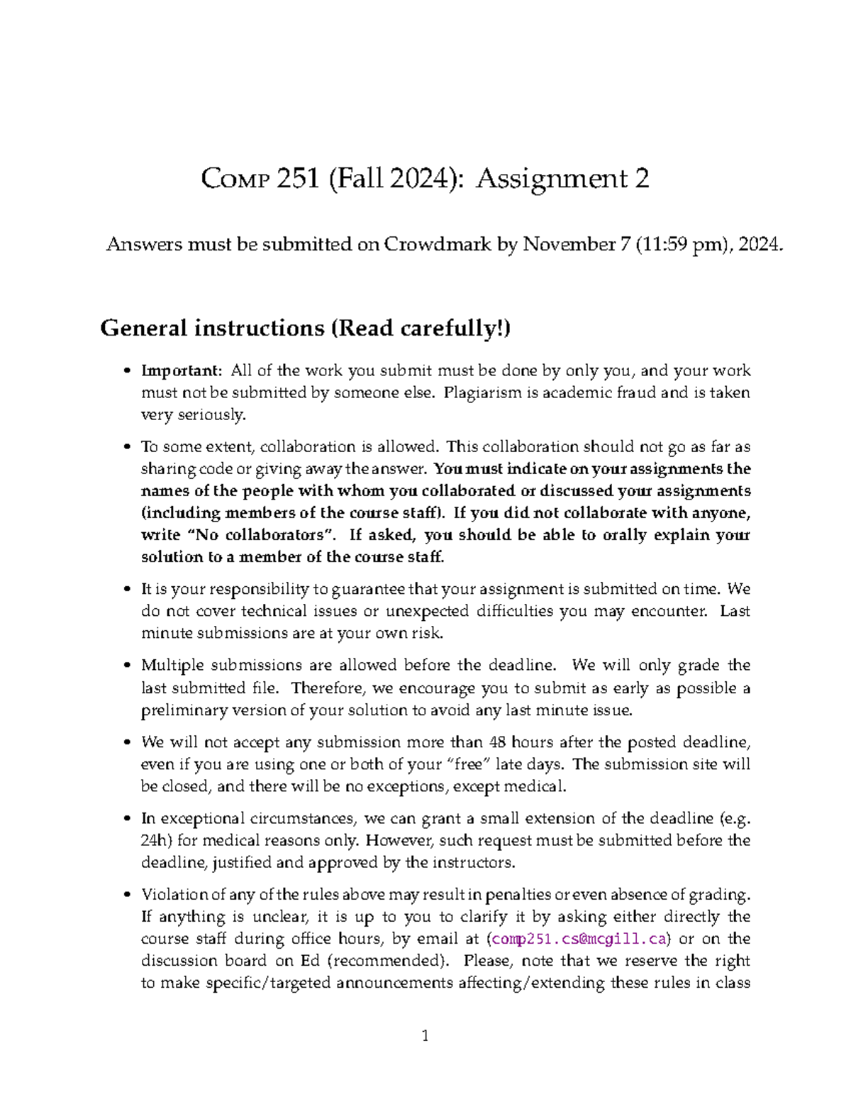 COMP251 Fall2024 Assignment 2 - Comp 251 (Fall 2024): Assignment 2 Answers must be submitted on ...