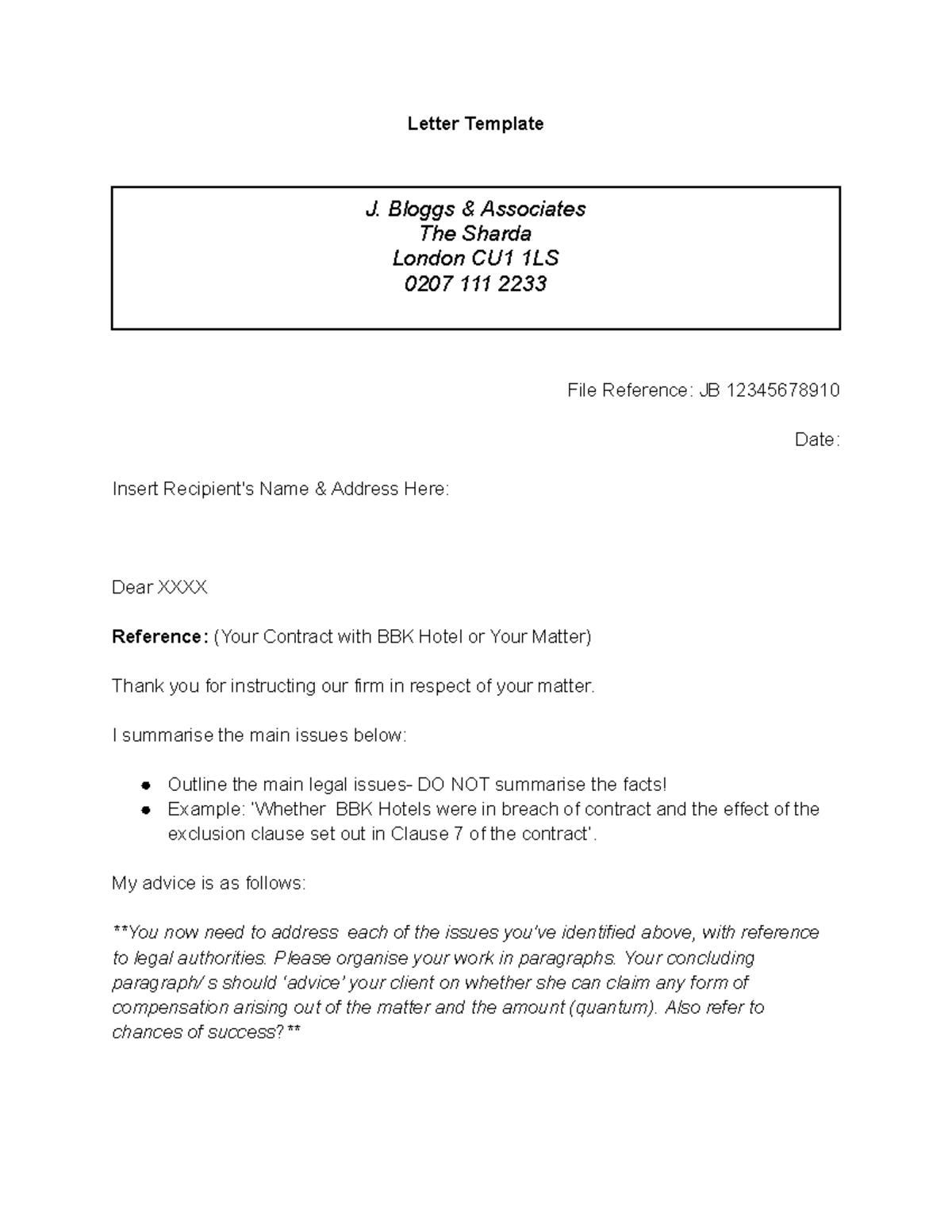 Letter Template - contract law - Letter Template J. Bloggs & Associates ...
