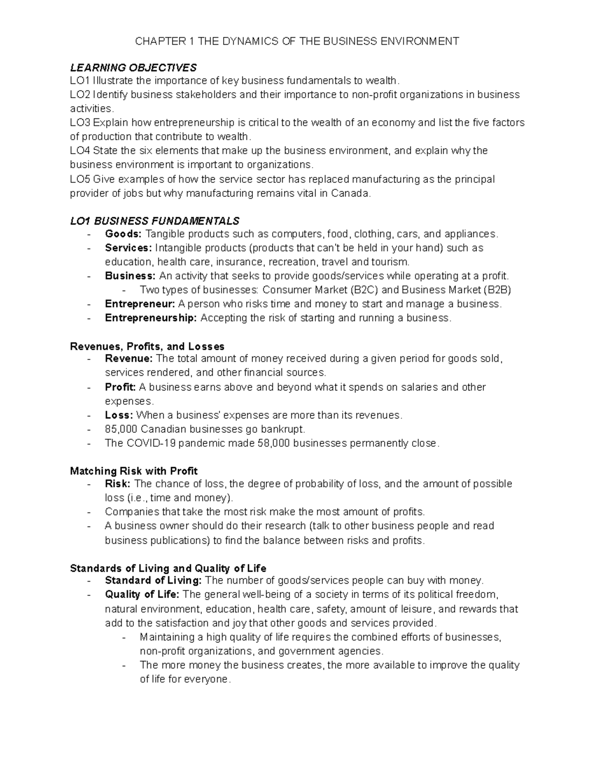 Chapter 1 Notes - ch 1 - CHAPTER 1 THE DYNAMICS OF THE BUSINESS ...