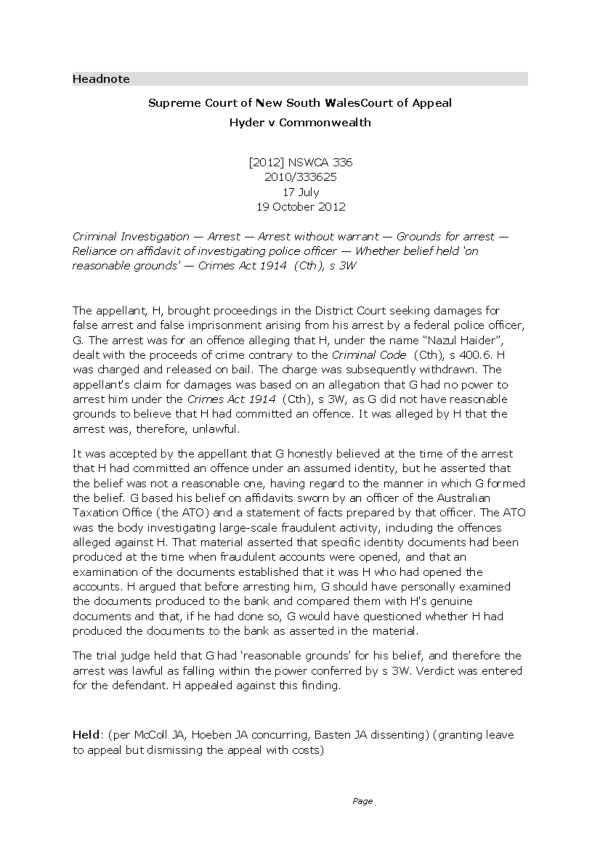 Hyder v Commonwealth - case headnotes fpr Civil and Criminal Procedure ...