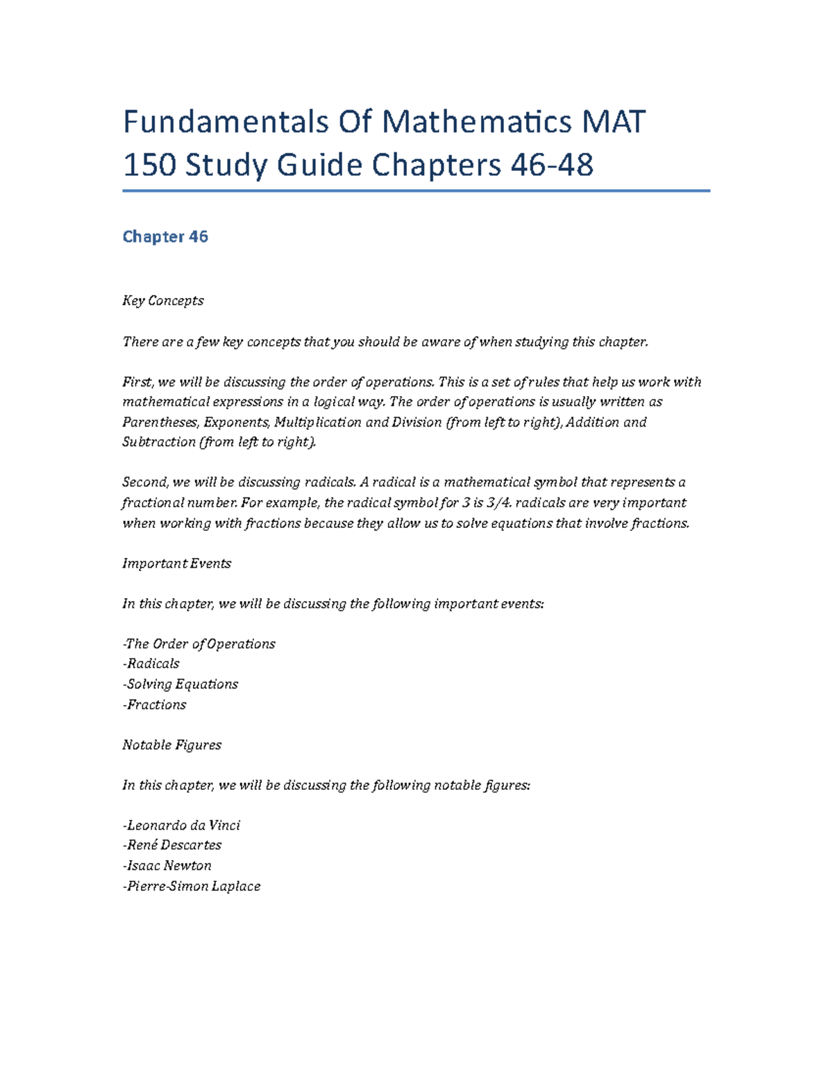 Fundamentals Of Mathematics MAT 150 Study Guide Chapters 46-48 - First ...