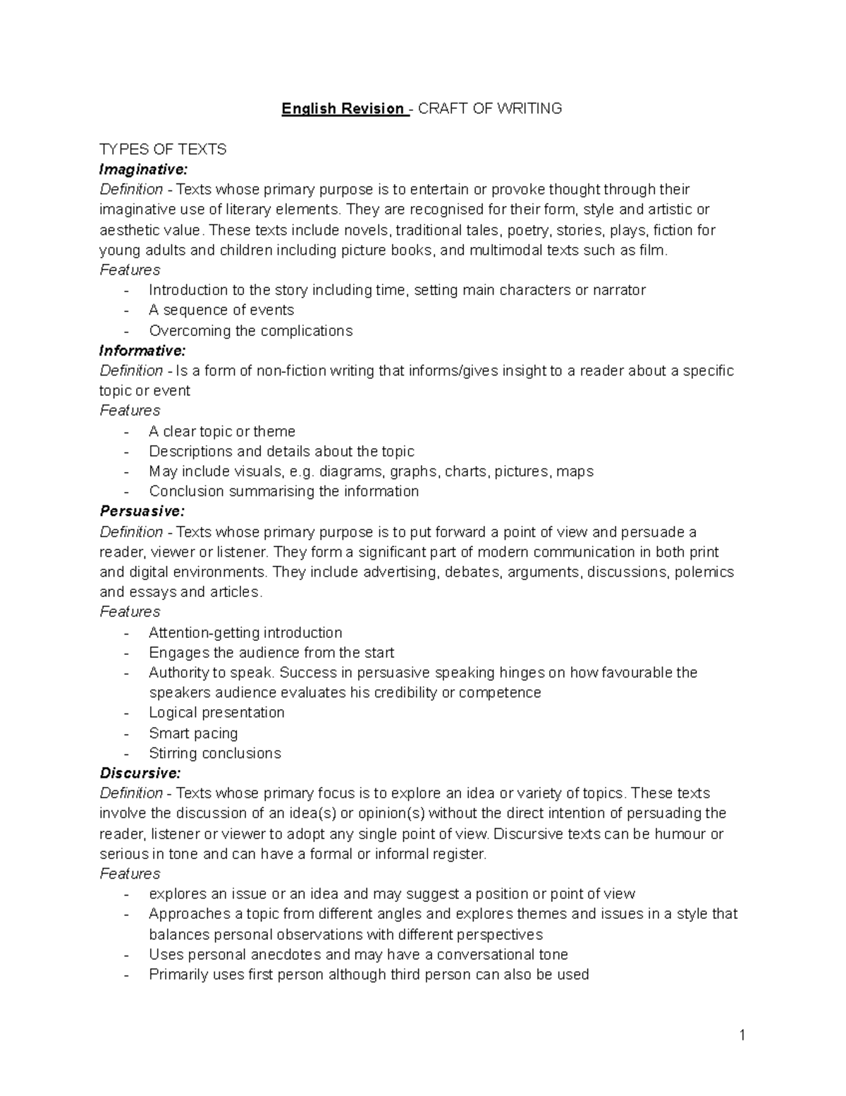 Craft of writing - English Revision - CRAFT OF WRITING TYPES OF TEXTS ...