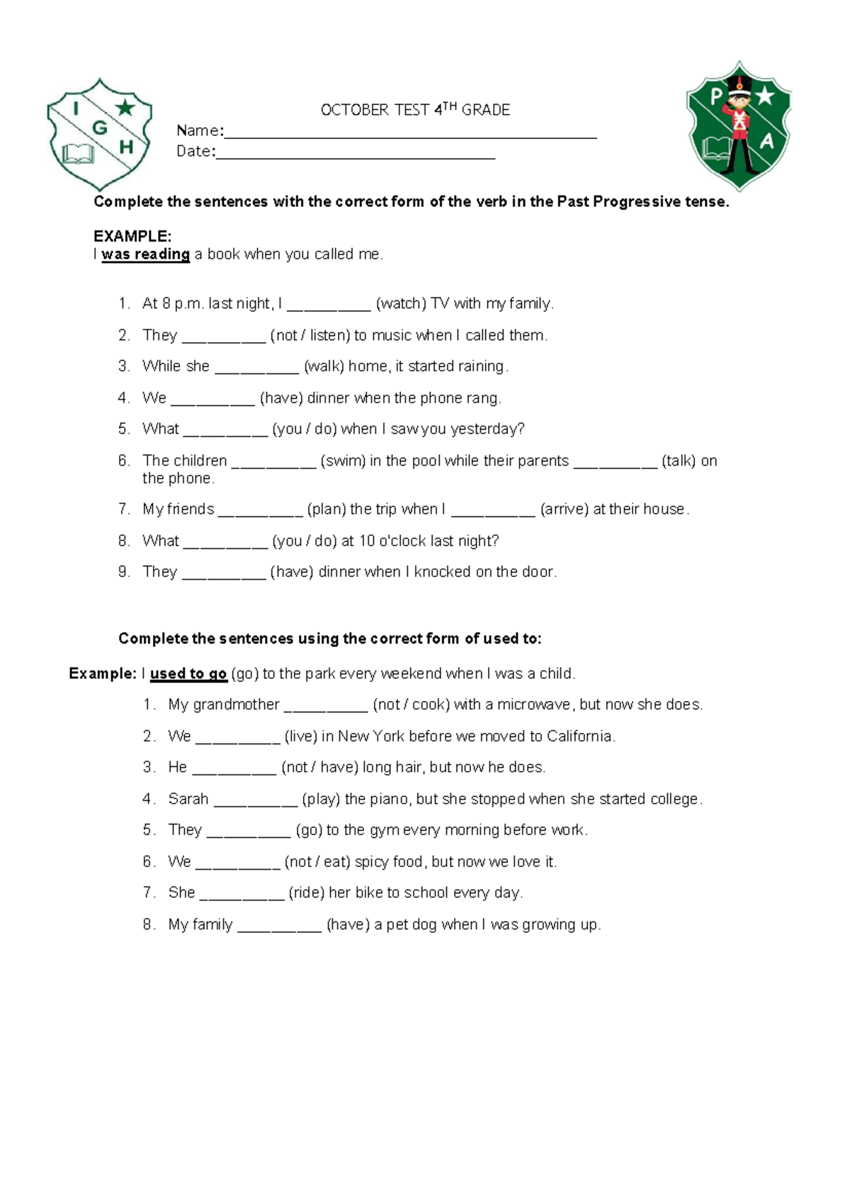 OCT 4TH - KPJÑNLKJNN - OCTOBER TEST 4TH GRADE Name: Date: Complete the ...
