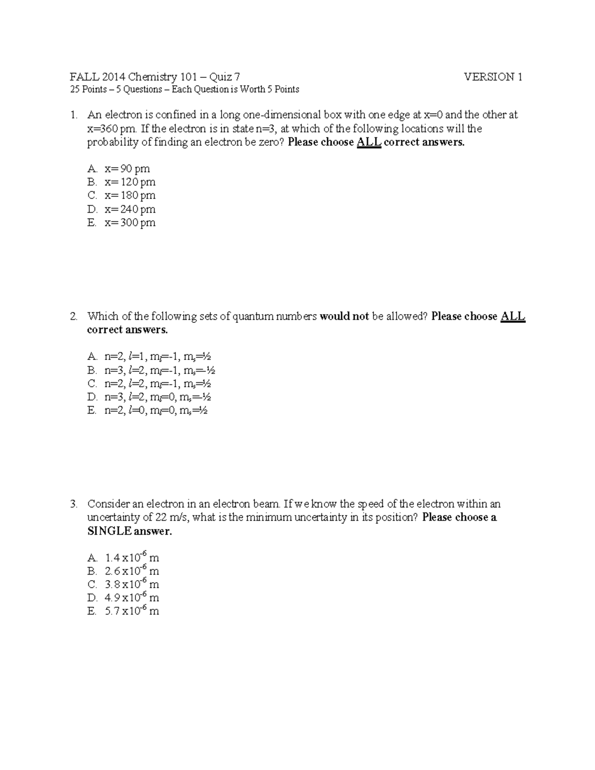 Quiz 7 - quiz 7 questions - FALL 2014 Chemistry 101 – Quiz 7 VERSION 1 ...