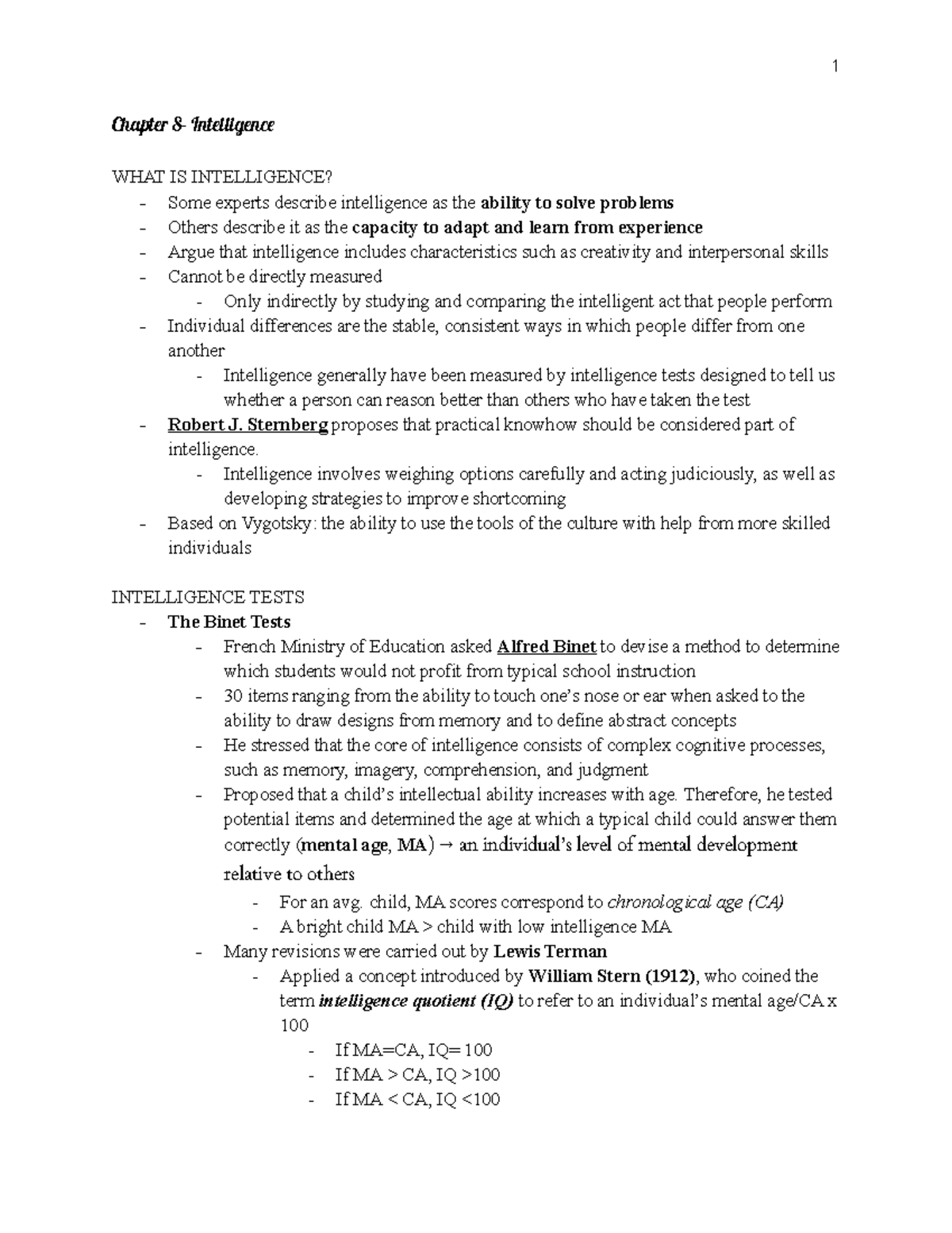Chapter 8 - Notes for Psych 150 - Chapter 8- Intelligence WHAT IS ...