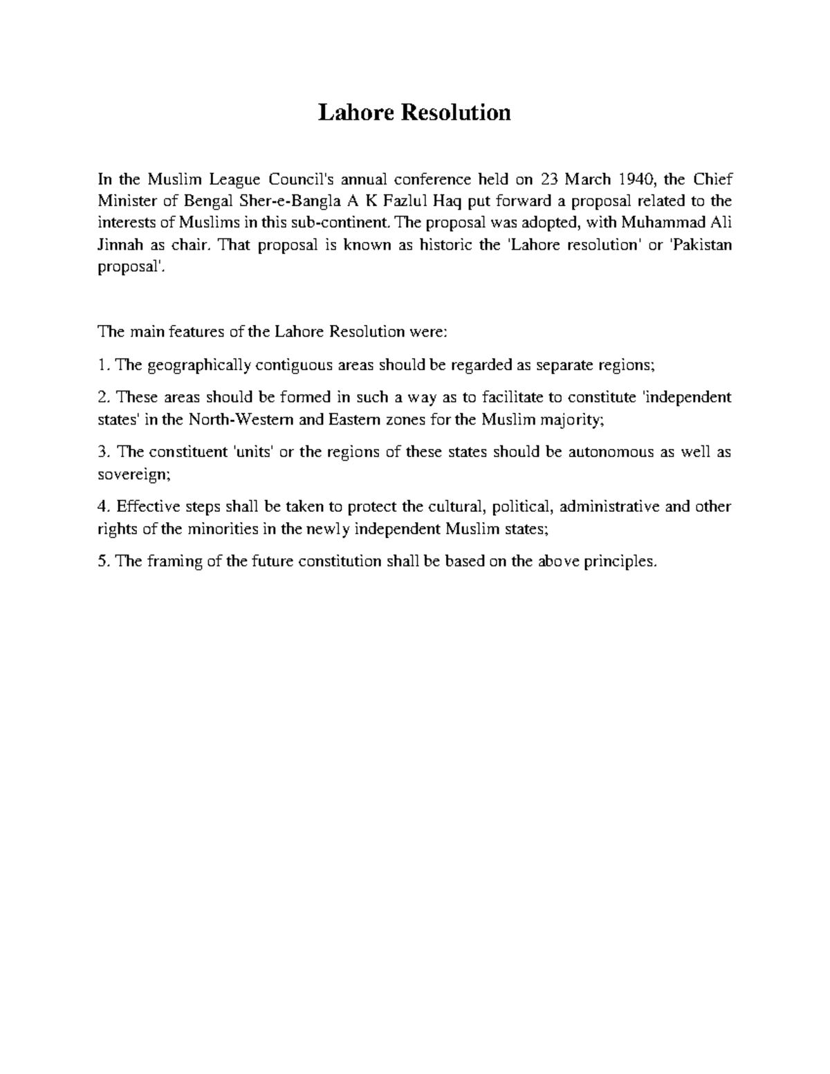 Lahore Resolution - The proposal was adopted, with Muhammad Ali Jinnah ...