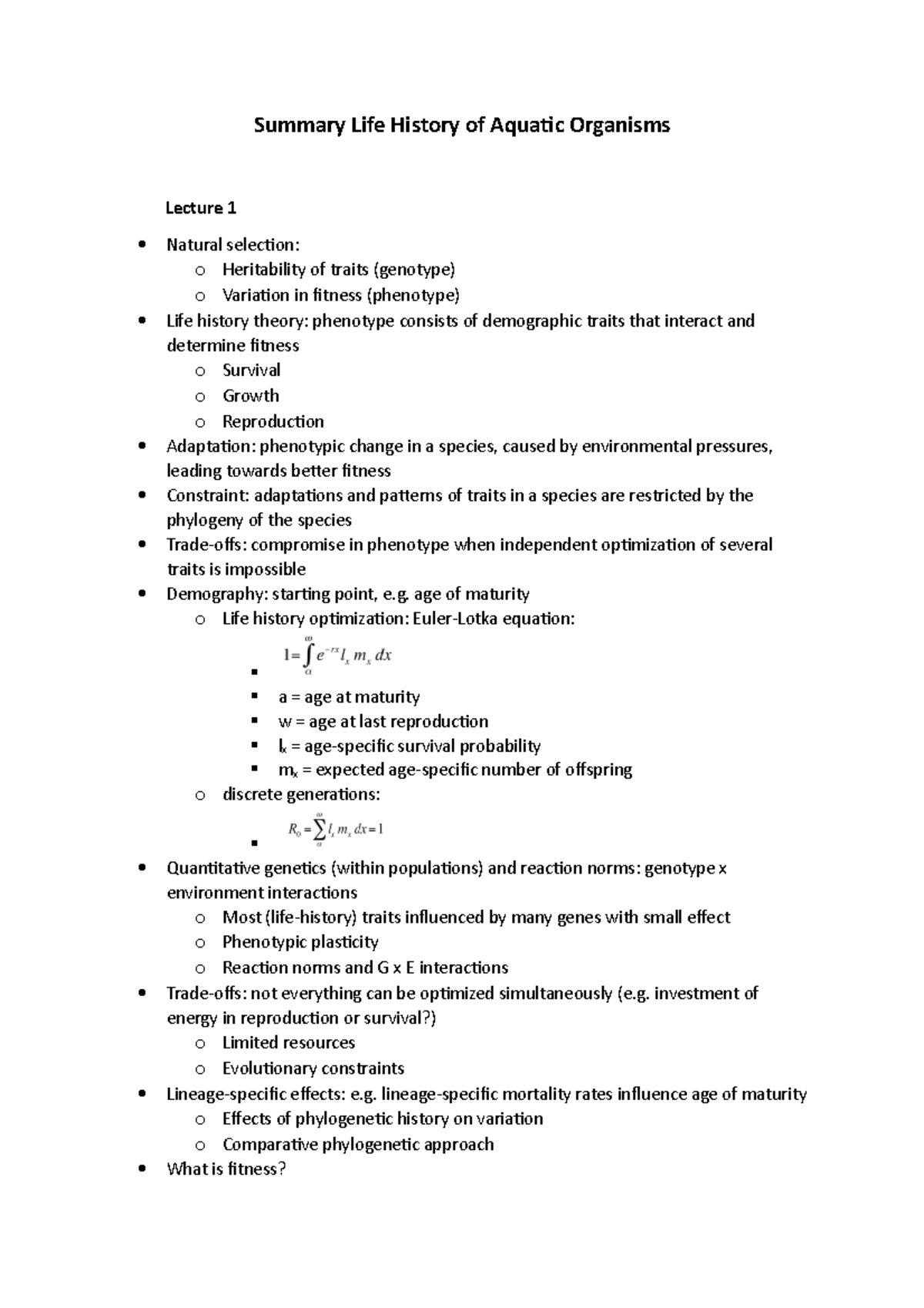Summary Life History of Aquatic Organisms - age of maturity o Life ...