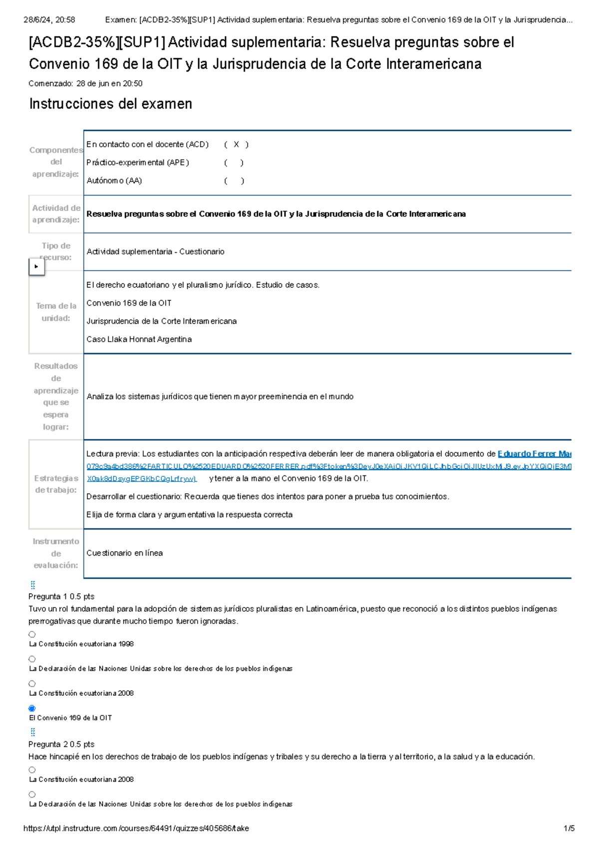 Actividad suplementaria Resuelva preguntas sobre el Convenio 169 de la OIT y la Jurisprudencia ...