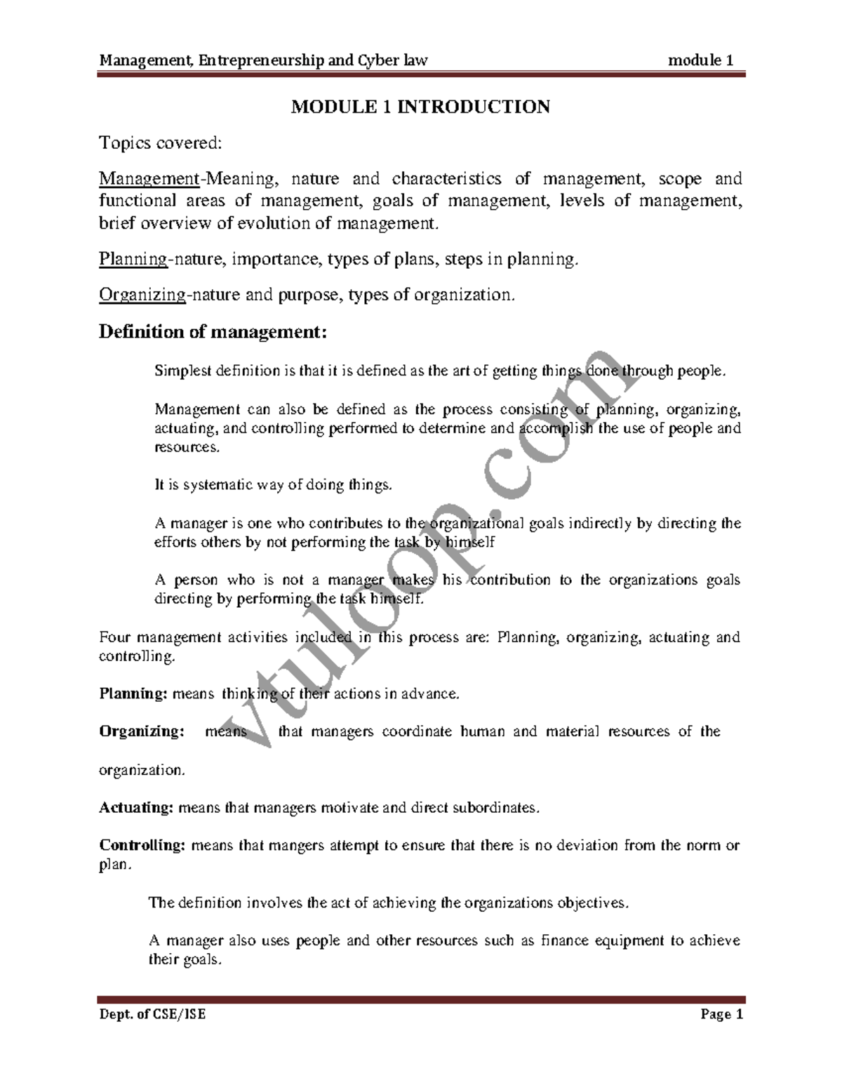 M1 - good - MODULE 1 INTRODUCTION Topics covered: Management-Meaning, nature and characteristics ...