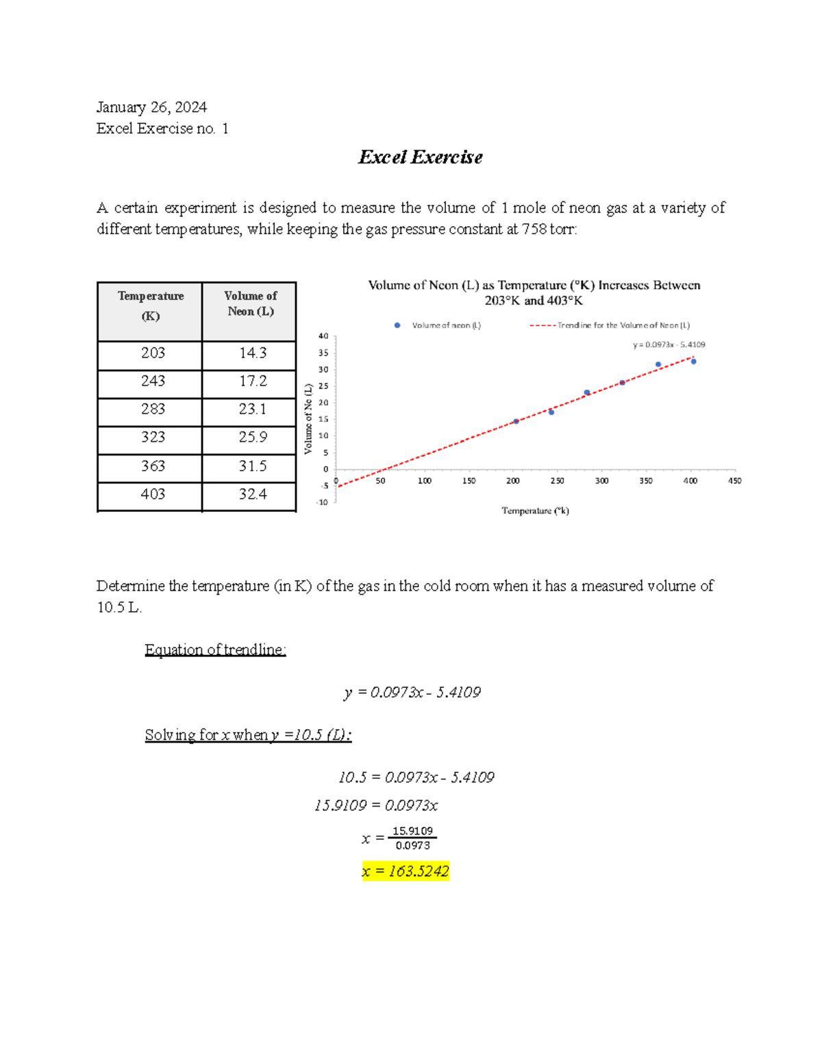 Excel Excersise 1 - January 26, 2024 Excel Exercise no. 1 Excel Exercise A certain experiment is ...