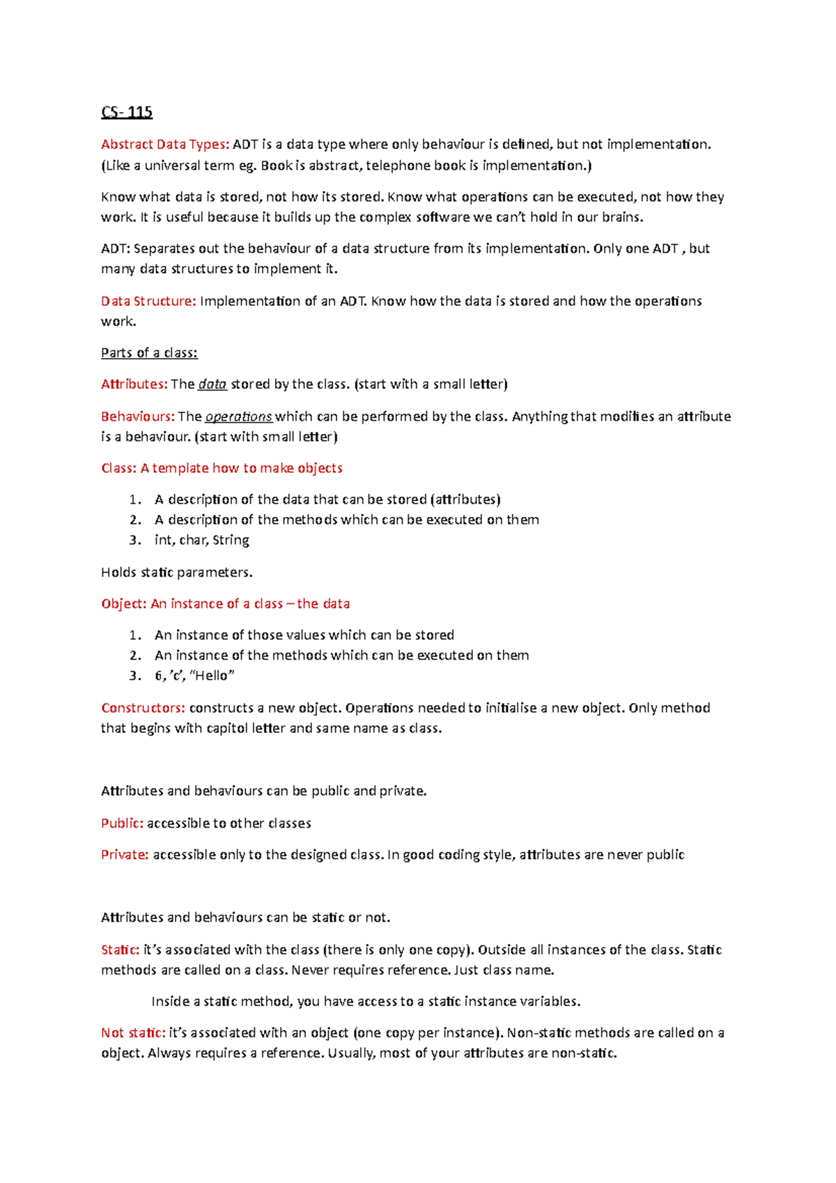 CS-115 Notes Exam - Programming 2 - CS- 115 Abstract Data Types: ADT is ...