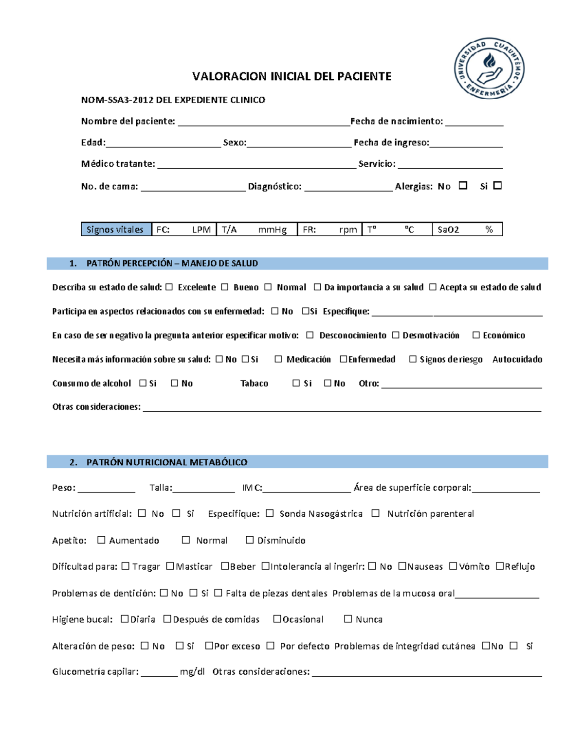 Valoracion Inicial DEL Paciente nueva - VALORACION INICIAL DEL PACIENTE NOM-SSA3-2012 DEL ...