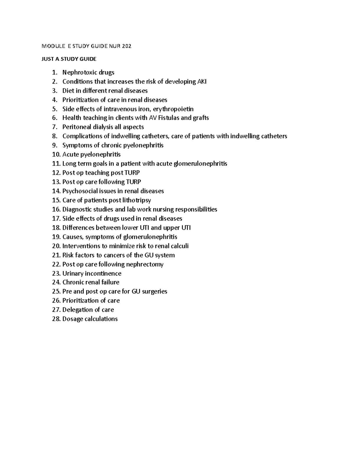 Module e Study Guide NUR 202 - MODULE E STUDY GUIDE NUR 202 JUST A ...