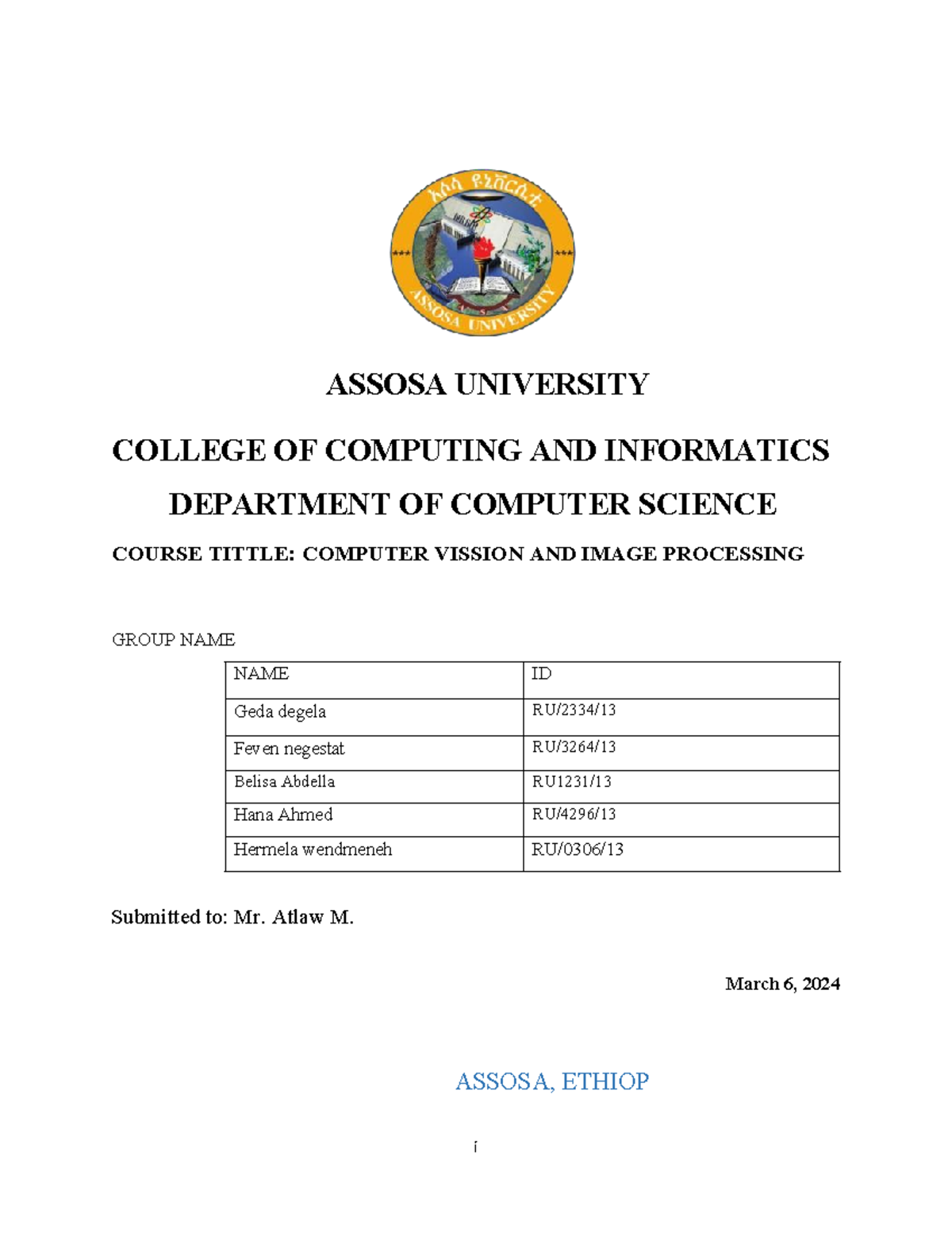 Computer vission - ASSOSA UNIVERSITY COLLEGE OF COMPUTING AND ...