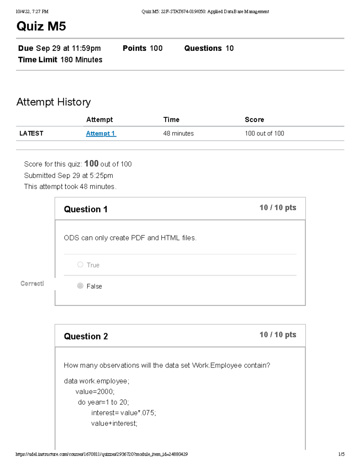 Quizz 5-SAS - Weekly Assignment - Quiz M Due Sep 29 at 11:59pm Points ...