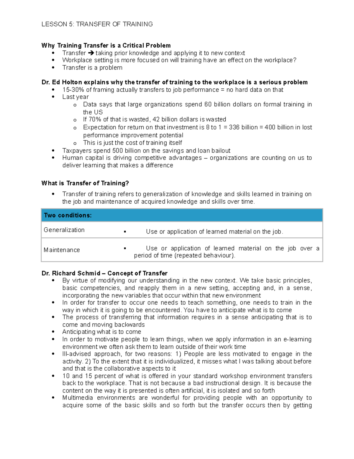 Lesson 5 Lecture Notes 5 Why Training Transfer Is A Critical Problem Transfer Taking Prior