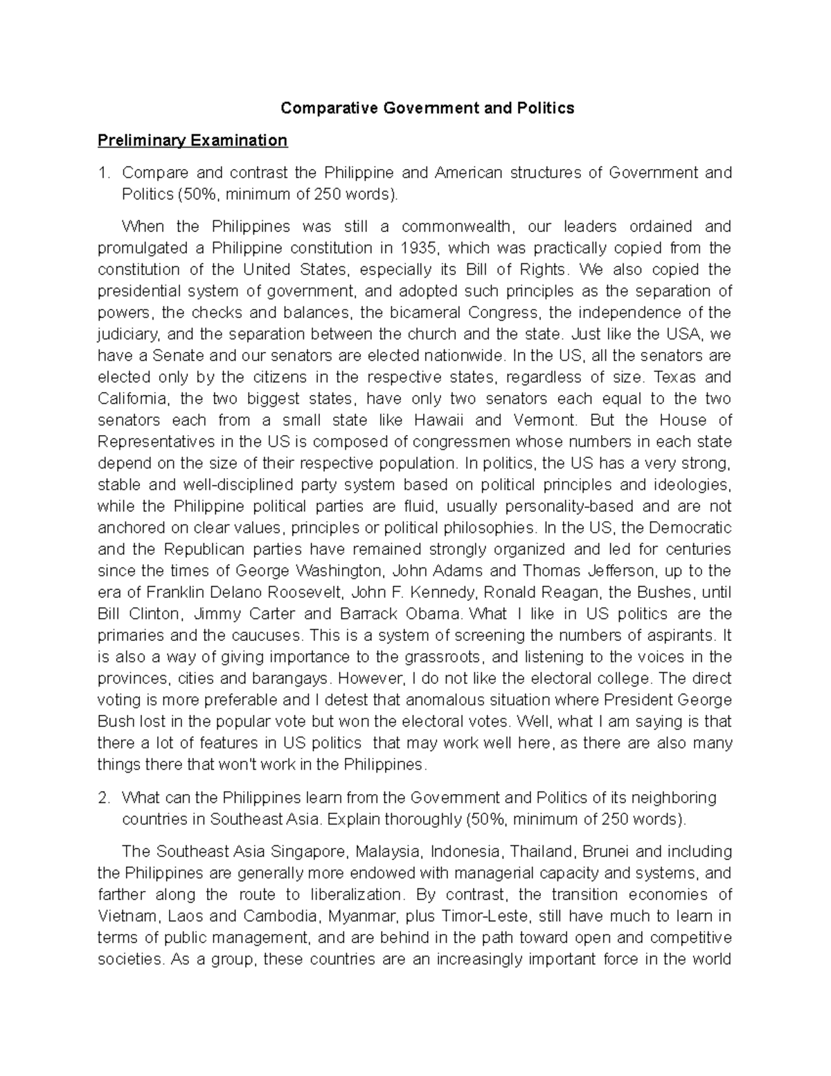 Preliminary Examination in Comparative Government and Politics ...