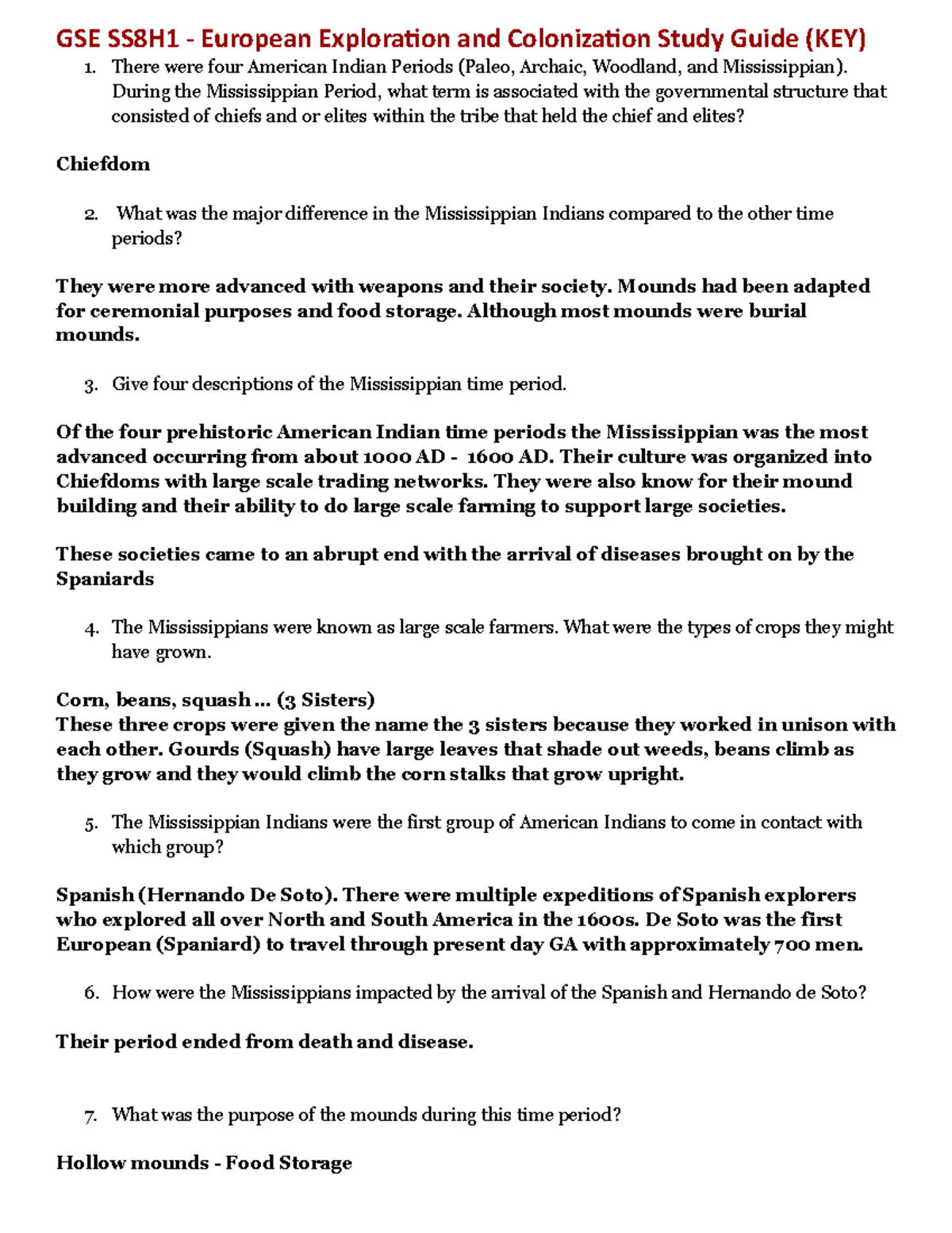 GSE SS8H1 - Study Guide KEY - There were four American Indian Periods ...