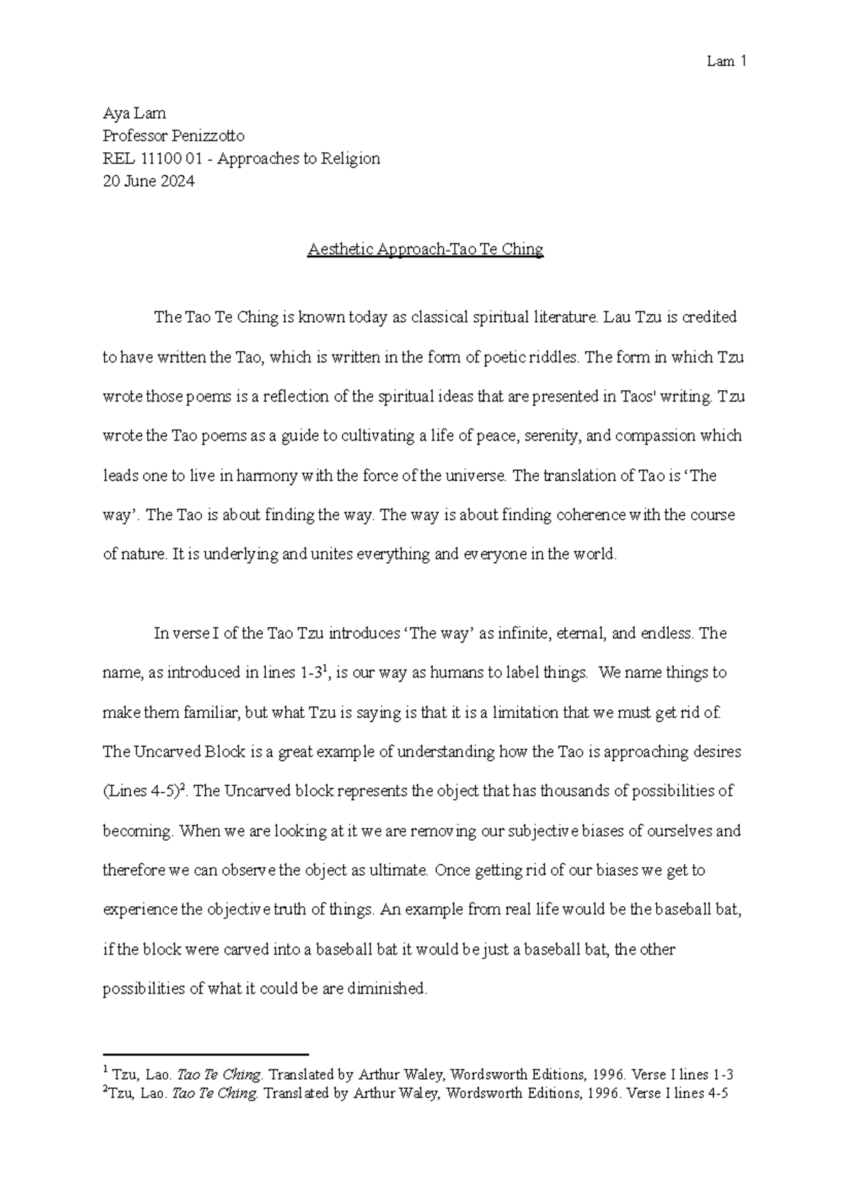 Aesthetic Approach, Tao Te Ching - Aya Lam Professor Penizzotto REL ...