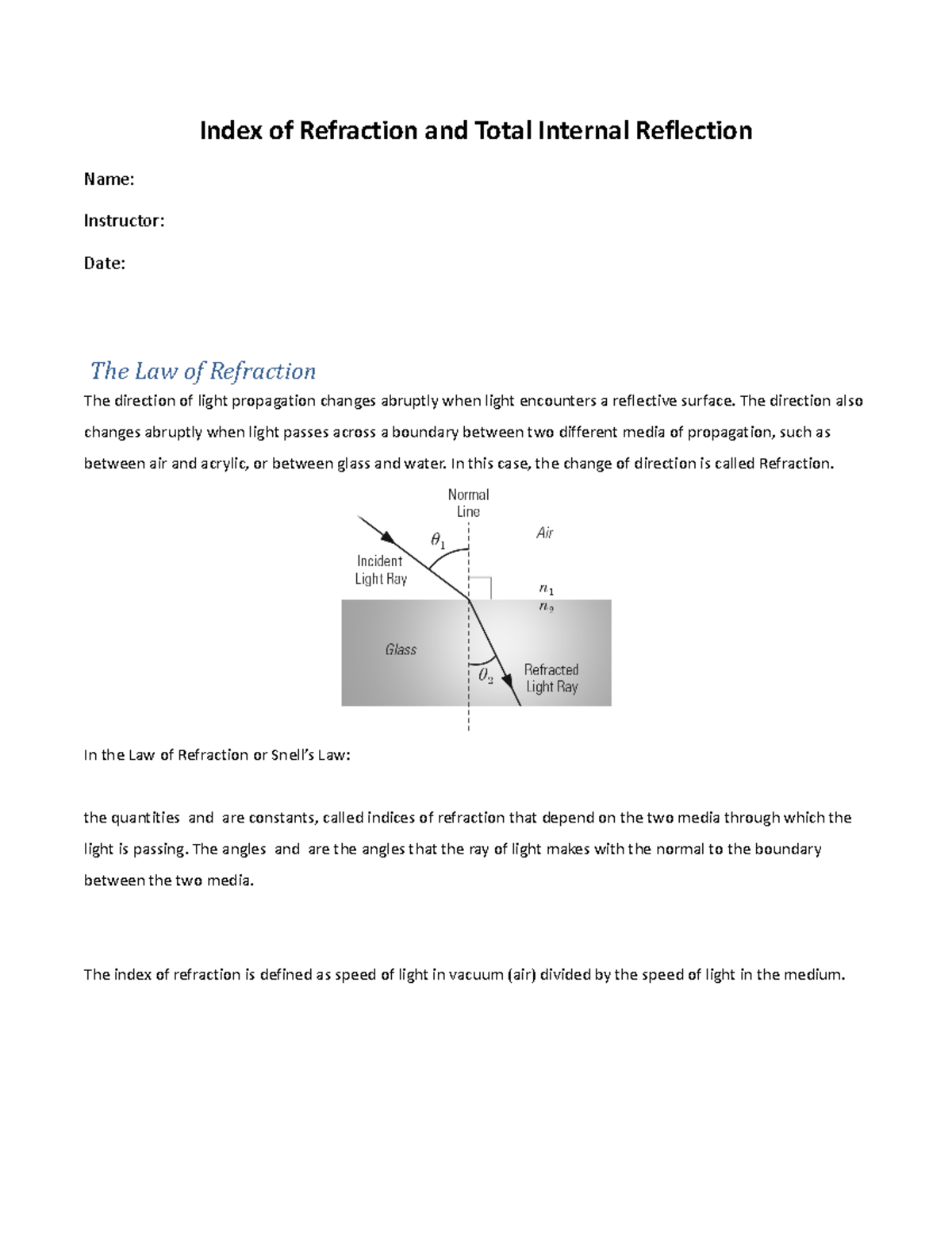 Index of Refraction Simulation - Index of Refraction and Total Internal ...
