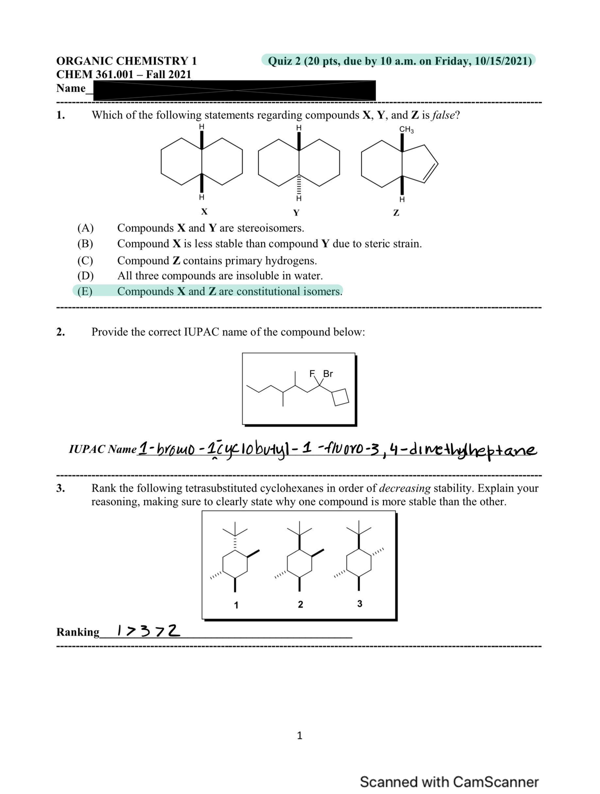CHEM361-Quiz2-Fall2021 - CHEM 361 - Studocu