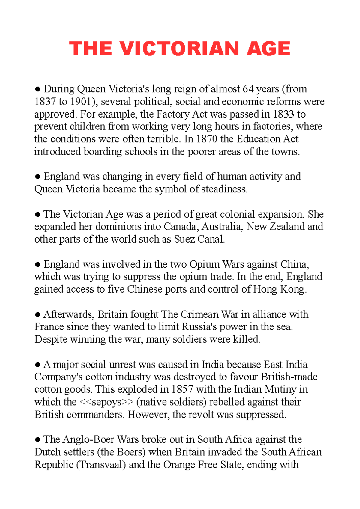 THE VICTORIAN AGE - THE VICTORIAN AGE During Queen Victoria's long ...