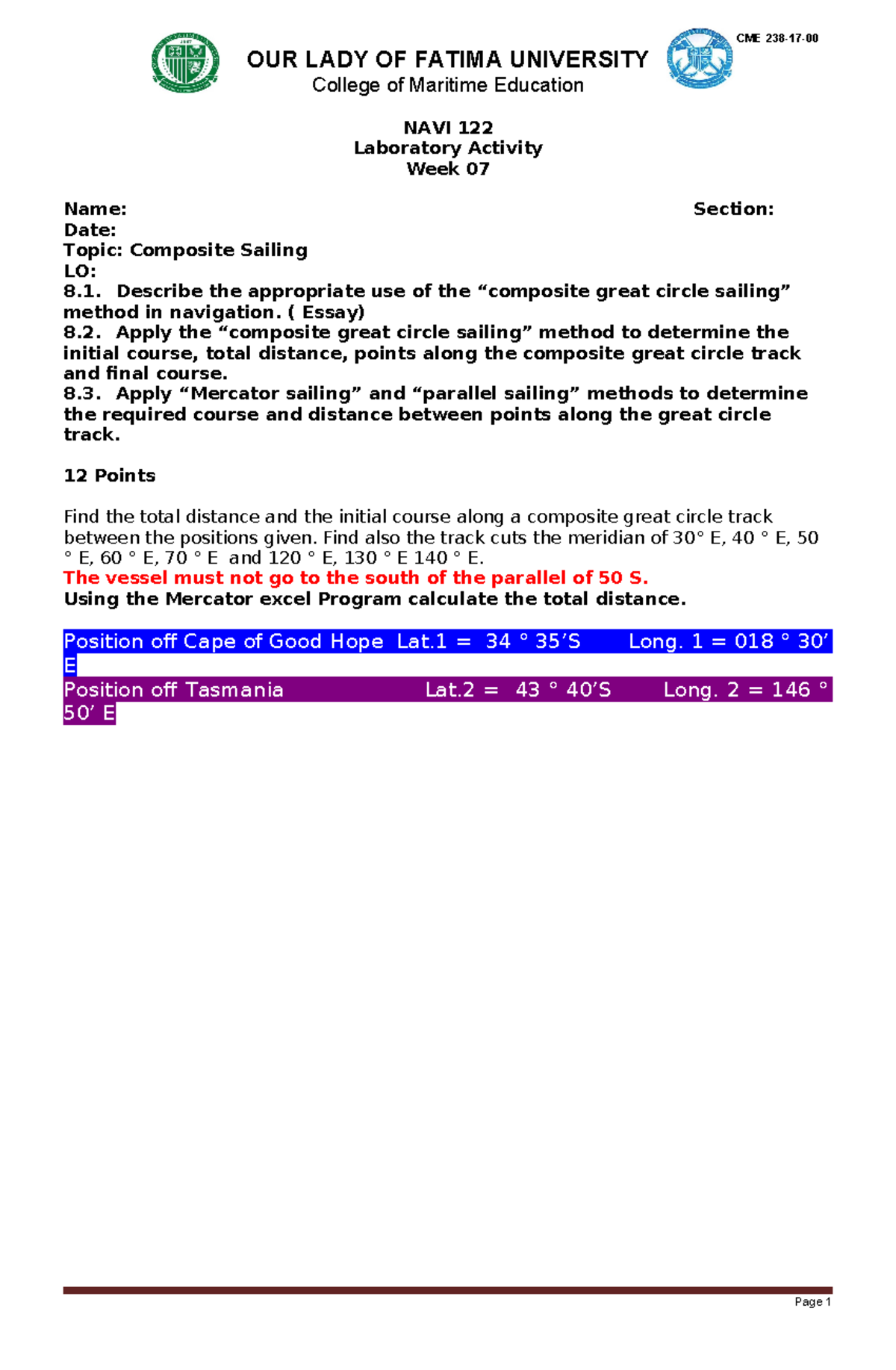 Composite Sailing - Lecture for laboratory - OUR LADY OF FATIMA ...