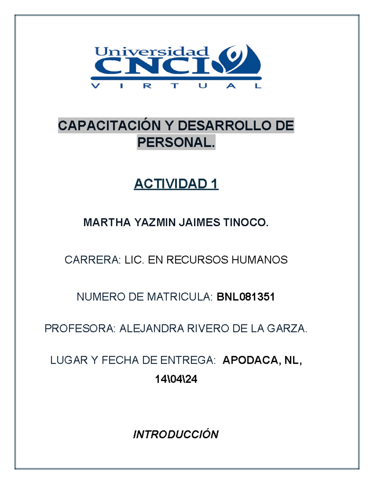 Actividad 1 - CAPACITACIÓN Y DESARROLLO DE PERSONAL. ACTIVIDAD 1 MARTHA ...