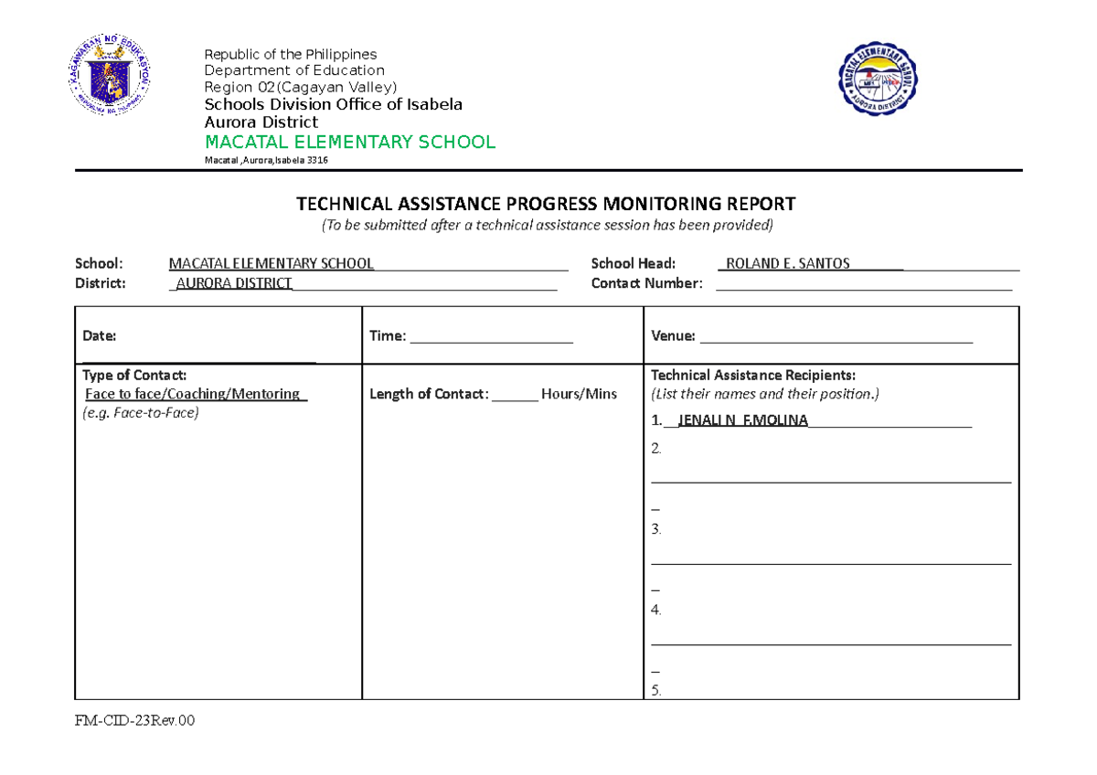 23 FM CID 023 Technical Assistance Progress Monitoring Report ...