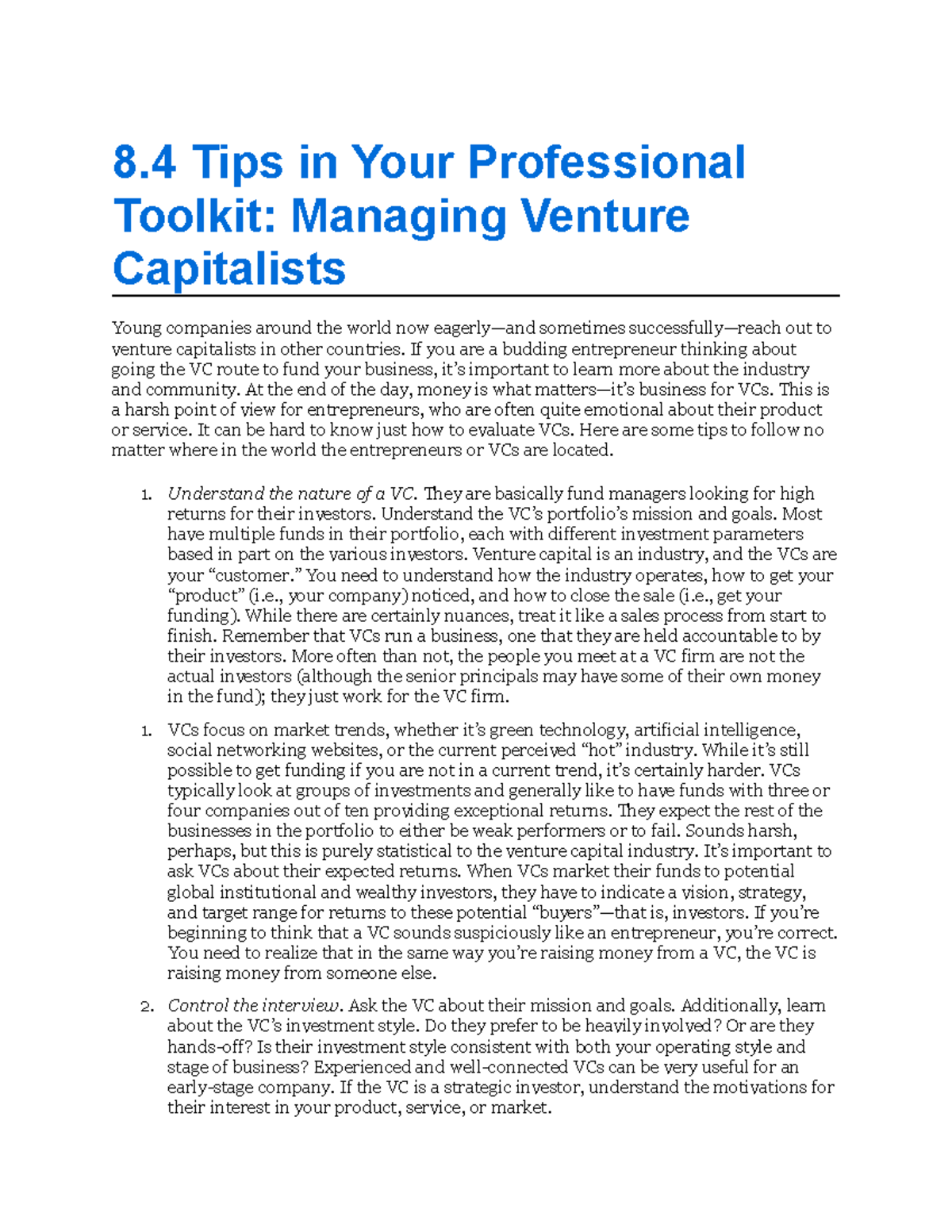 8.4 Managing Venture Capitalists - 8 Tips in Your Professional Toolkit ...