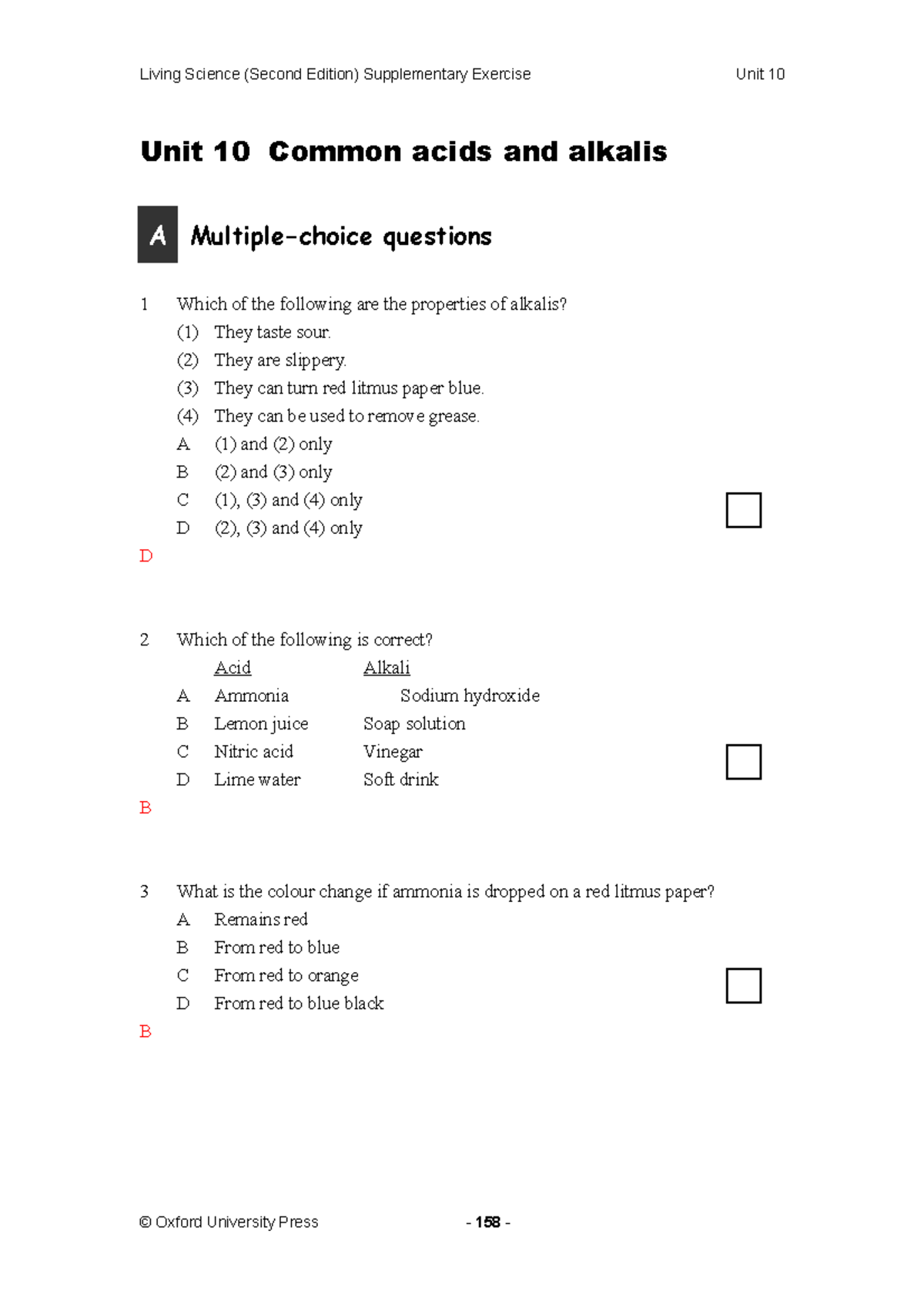 Supp. Ex. - 10 Common acids and alkalis - Unit 10 Common acids and alkalis A Multiple-choice ...