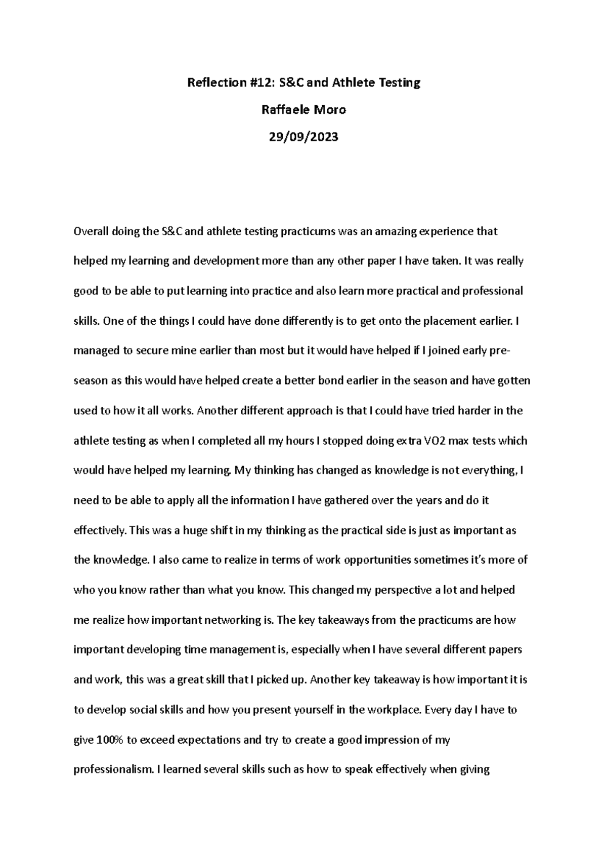 SPEX316 Reflection 12 - Raffaele Moro - Reflection #12: S&C and Athlete ...