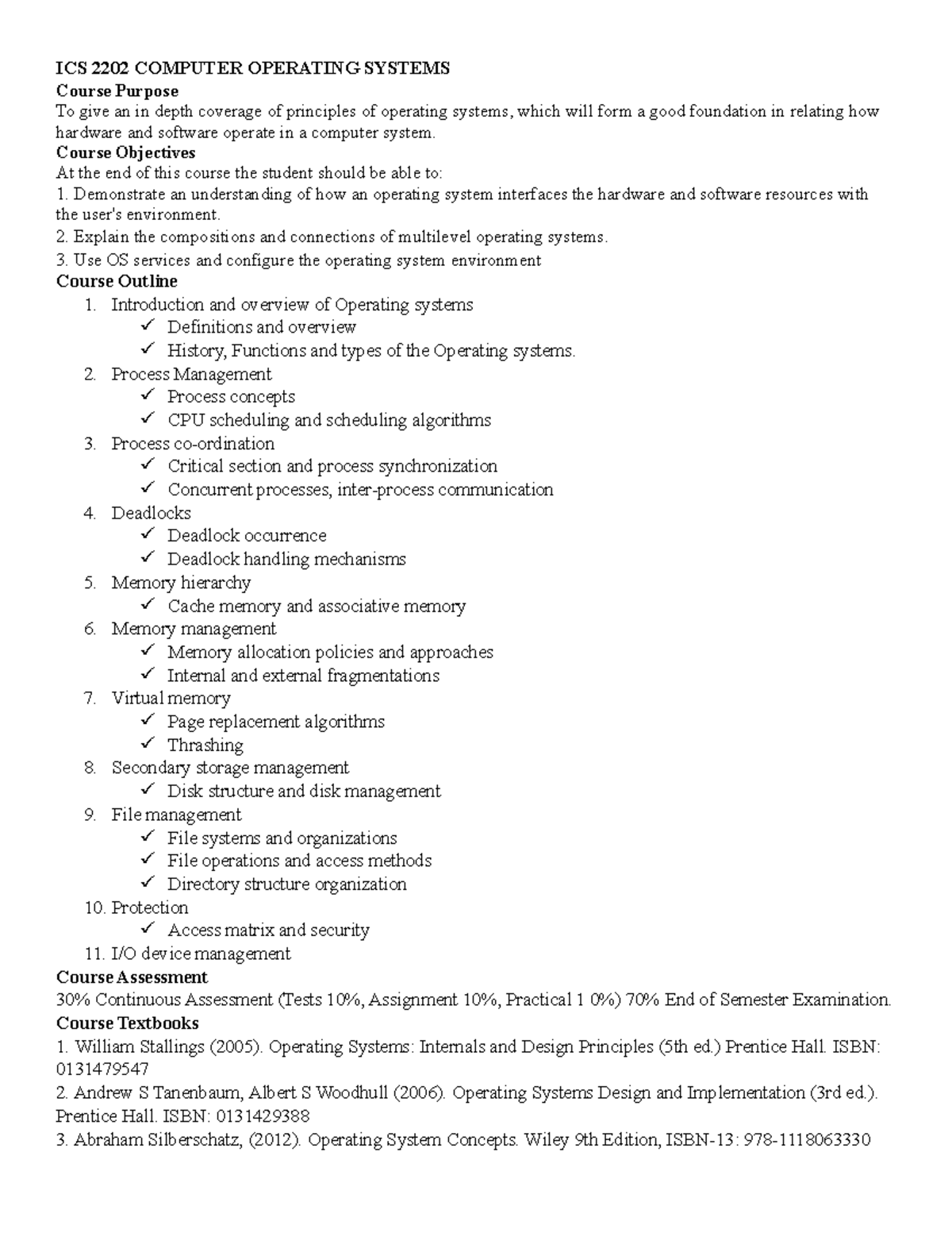 Ics 2202 Computer Operating Systems Outline Ics 2202 Computer Operating Systems Course Purpose 