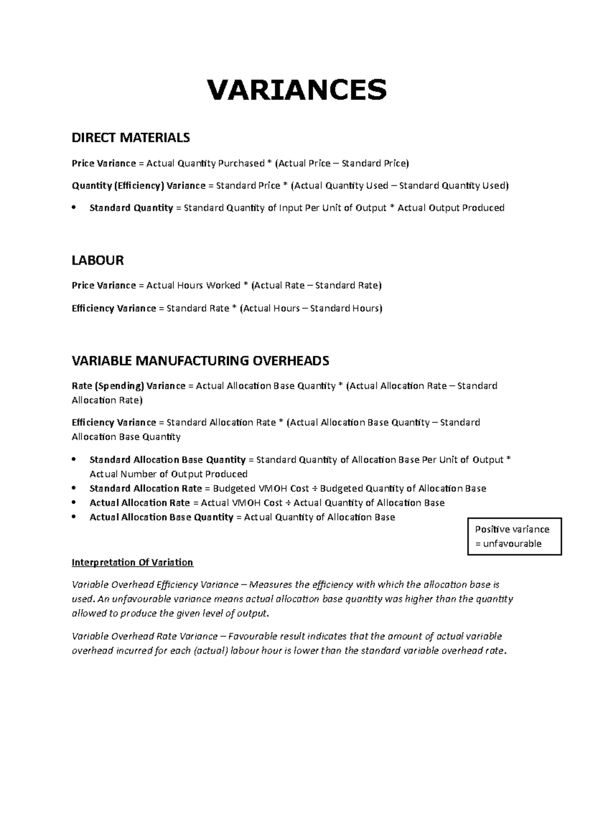 Topic 11: Variances Summary and Equations - VARIANCES DIRECT MATERIALS ...