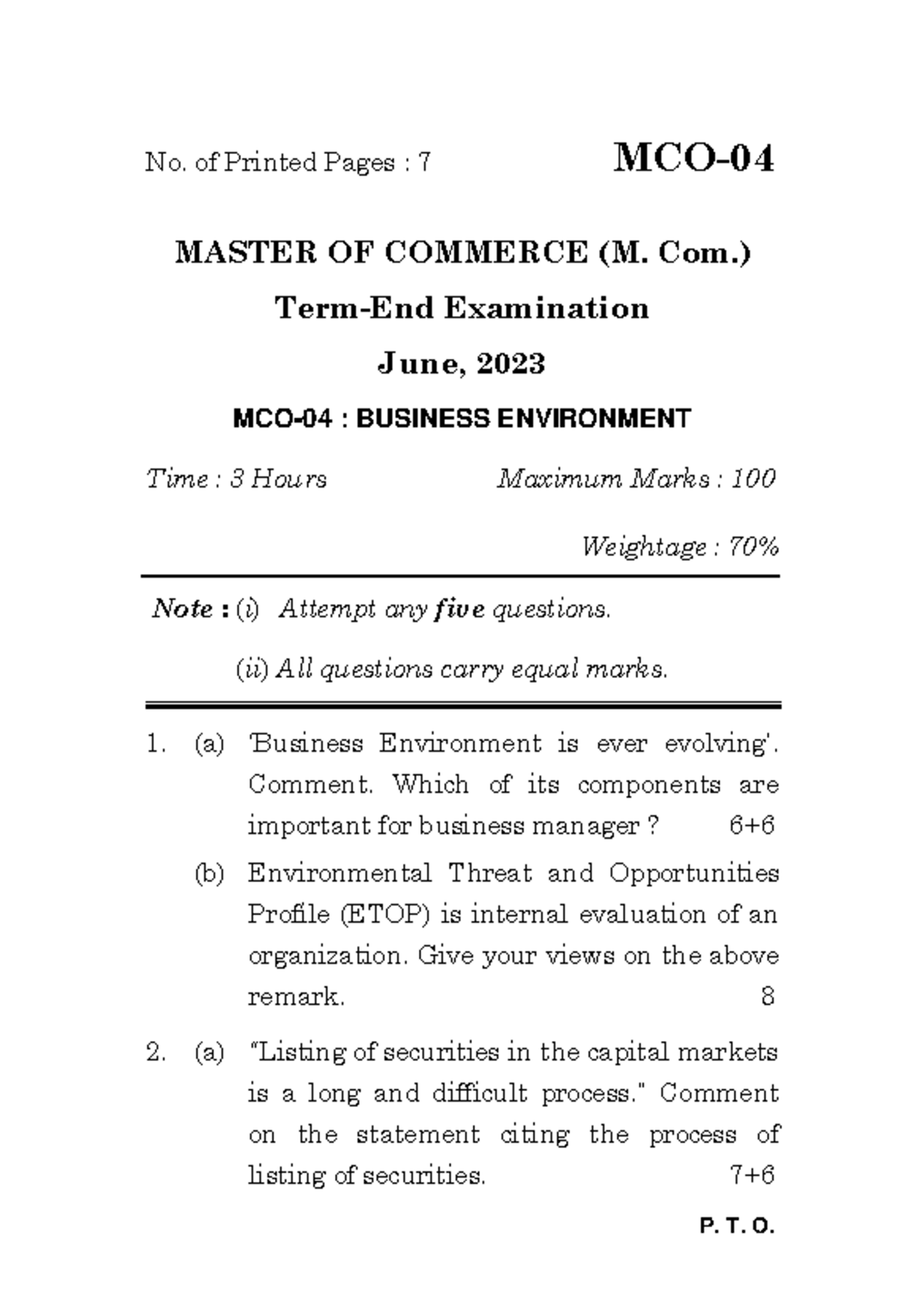 MCO-04 - P. T. O. No. of Printed Pages : 7 MCO- MASTER OF COMMERCE (M ...