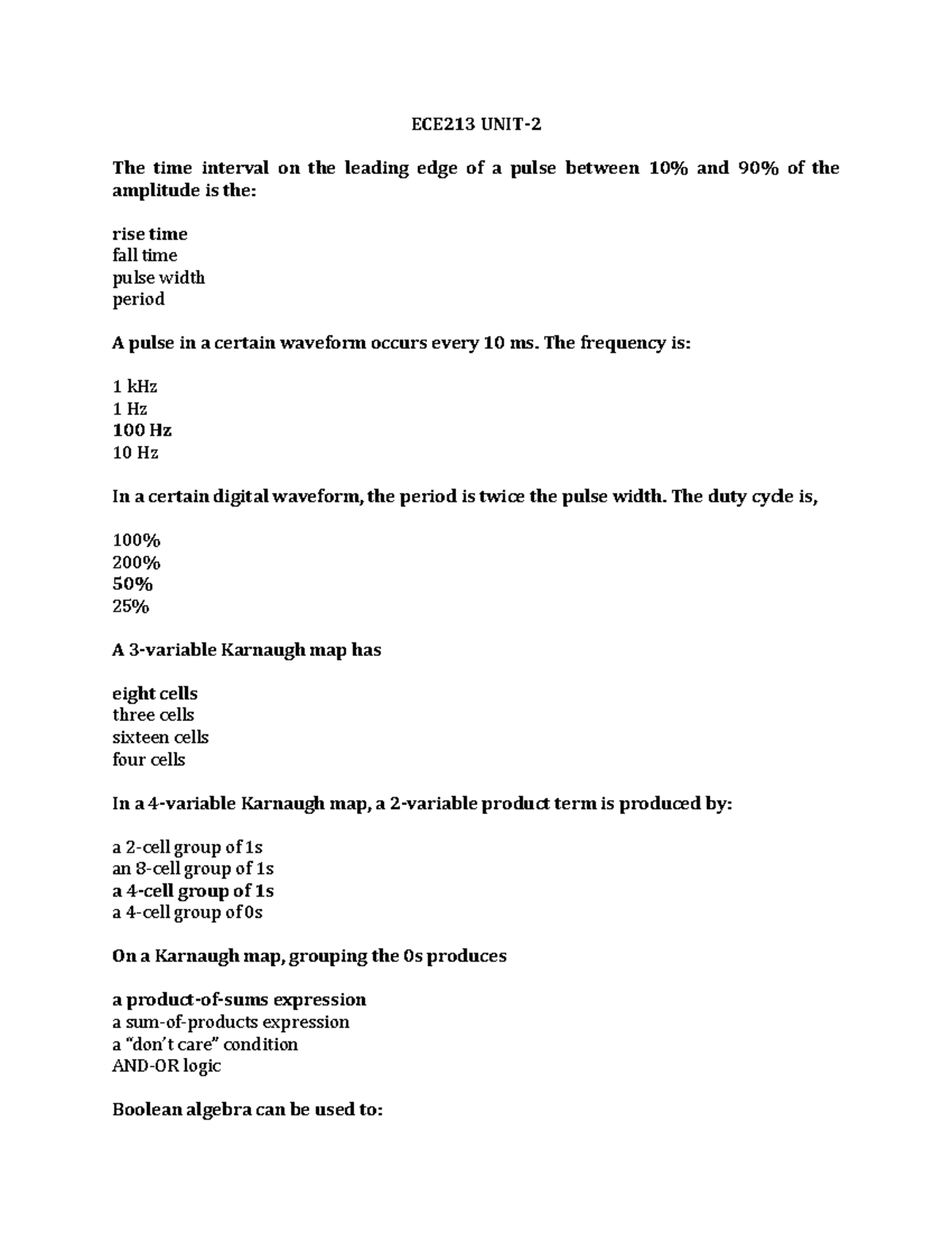 Unit 2 MCQ - ANANONYMOUS - ECE213 UNIT- The time interval on the leading edge of a pulse between ...