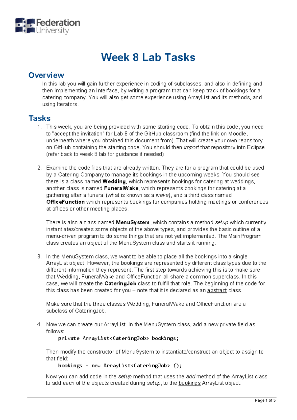 ITECH2306 Week 8 Lab - Page 1 of 5 Week 8 Lab Tasks Overview In this lab you will gain further ...